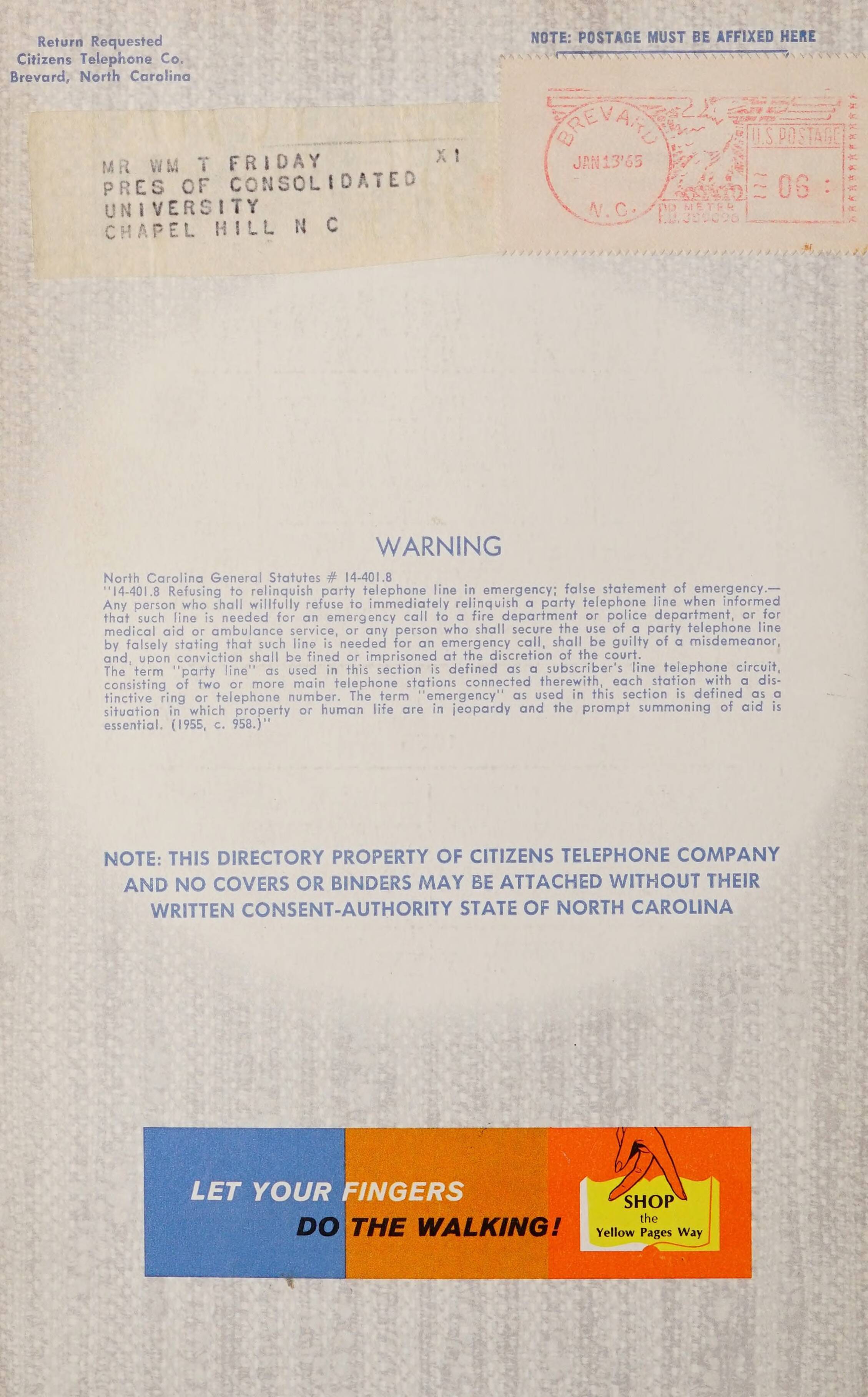 Telephone Directory, Brevard - Rosman, N.C. [January 1965]