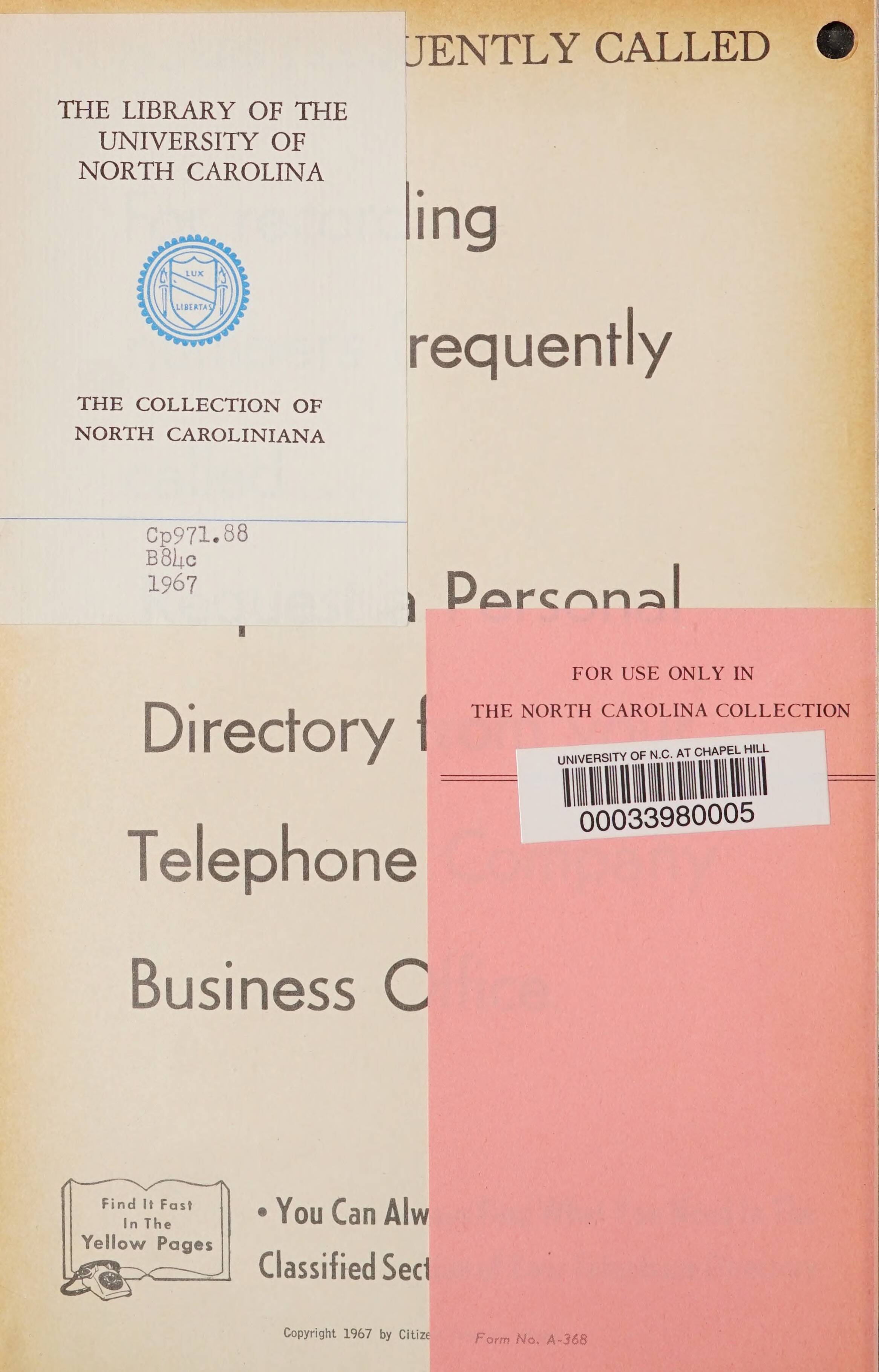 Telephone Directory, Brevard, Lake Toxaway, Rosman N.C. [January 1967]