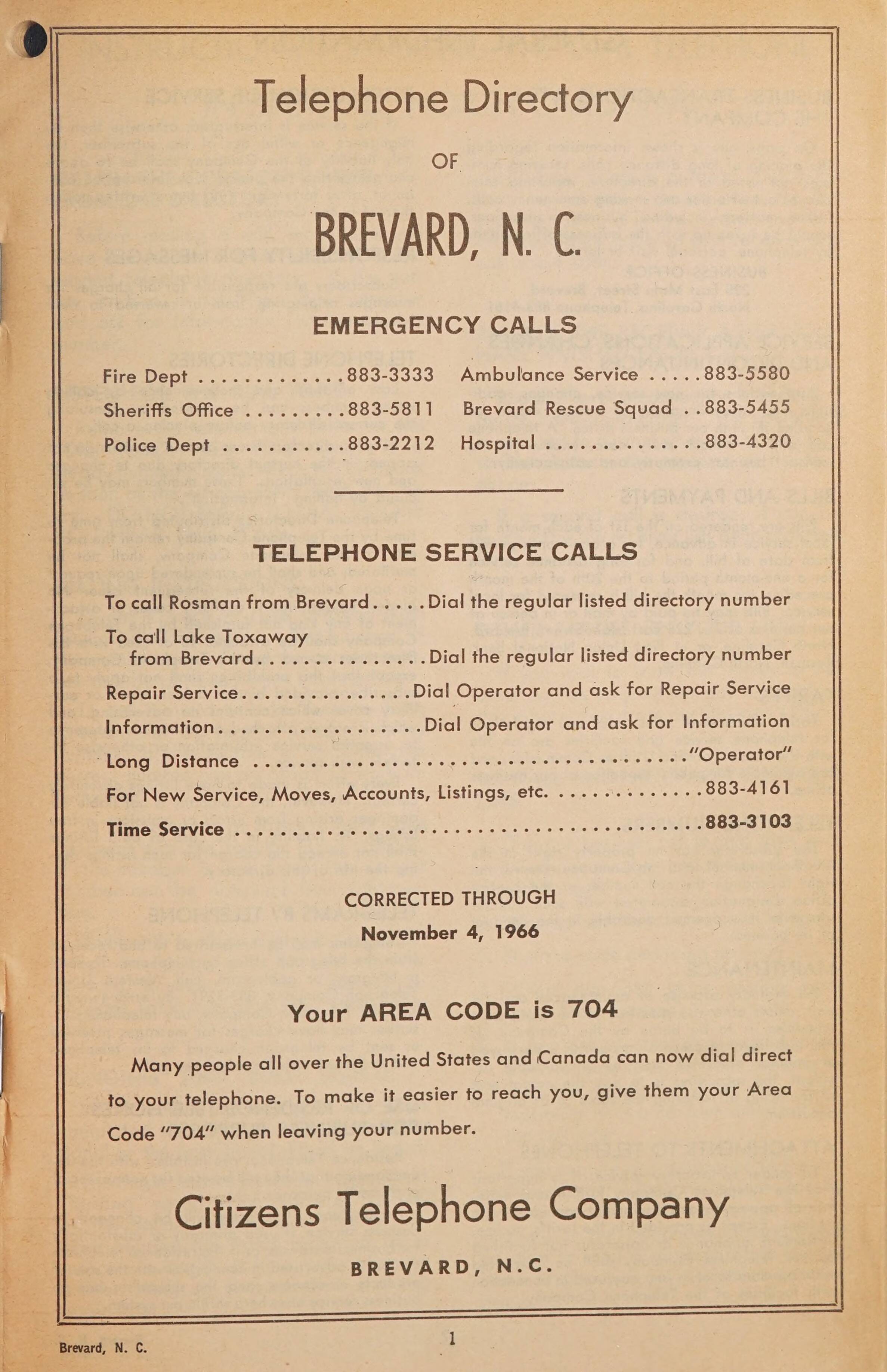 Telephone Directory, Brevard, Lake Toxaway, Rosman N.C. [January 1967]