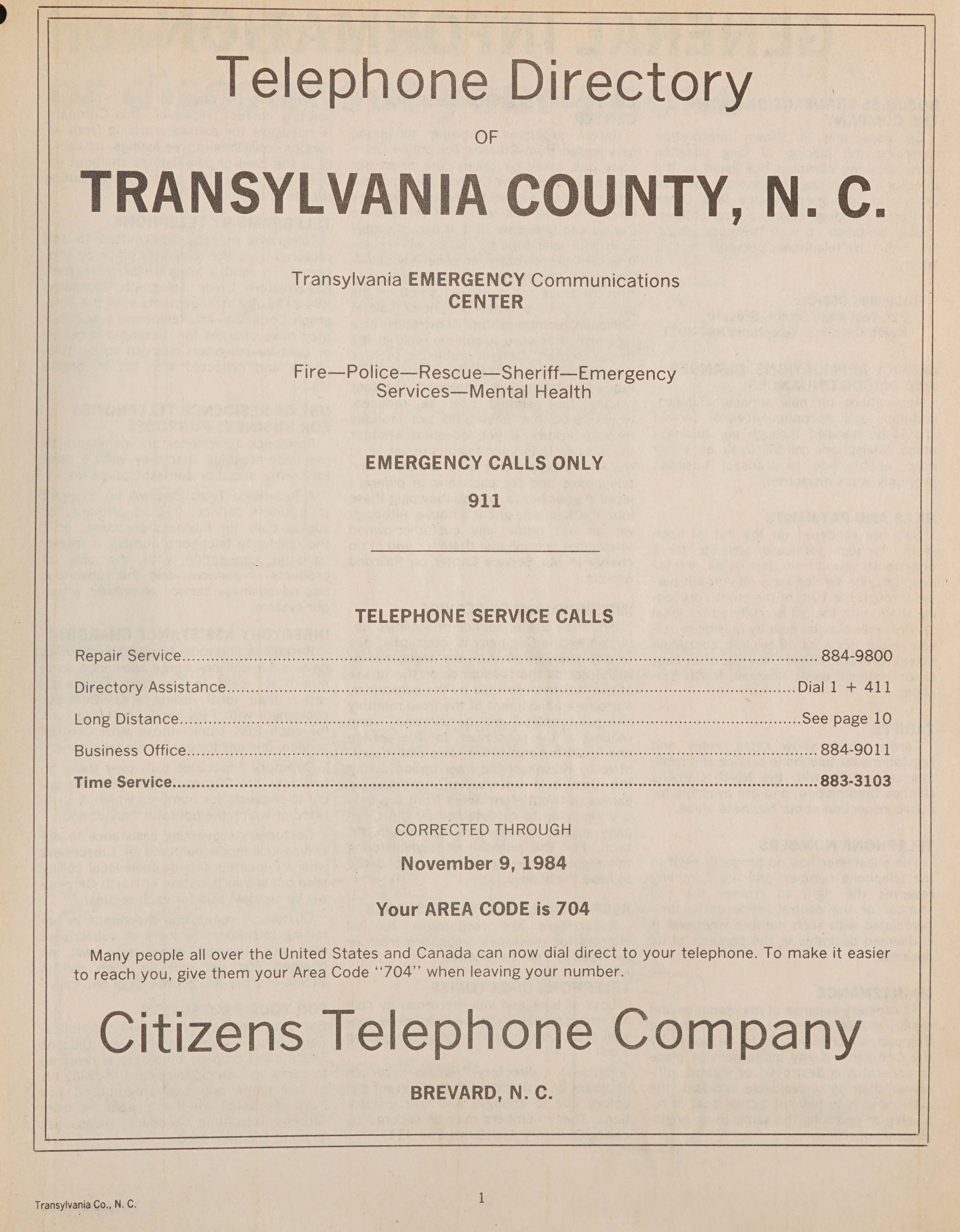 Telephone Directory of Transylvania County, N.C. [January 1985]