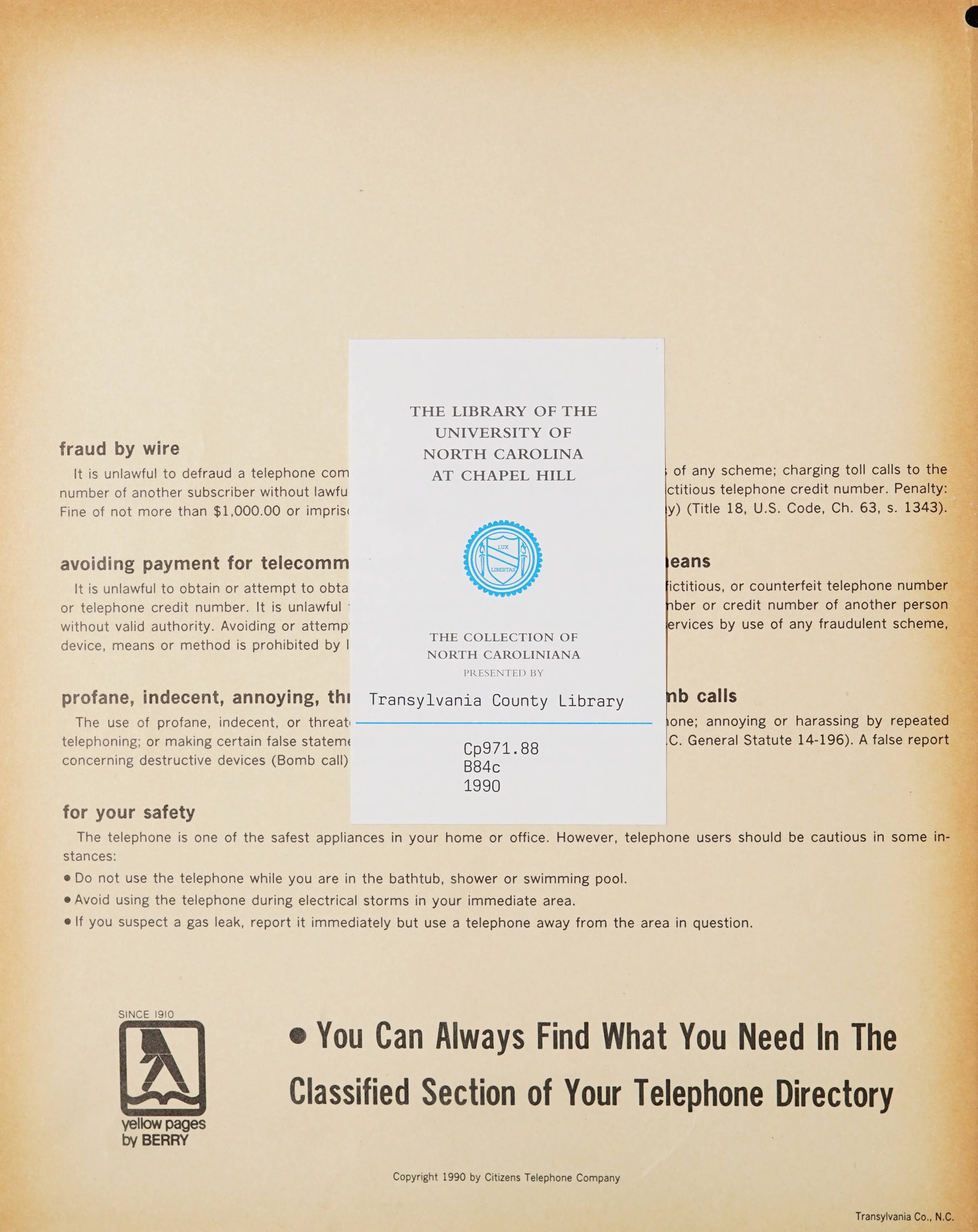 Telephone Directory of Transylvania County, N.C. [January 1990]