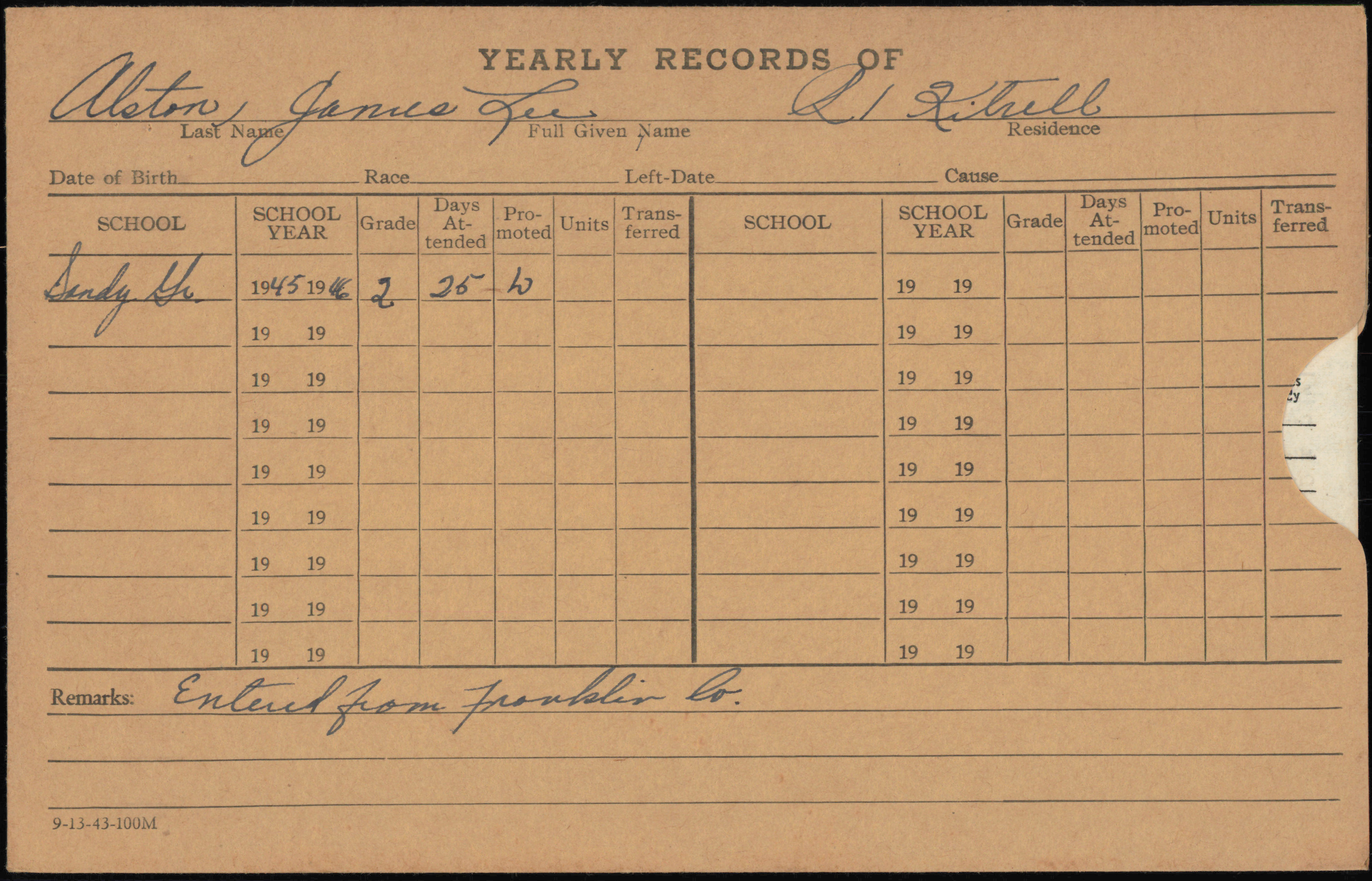 Students' of Vance County Yearly Record Envelopes: A