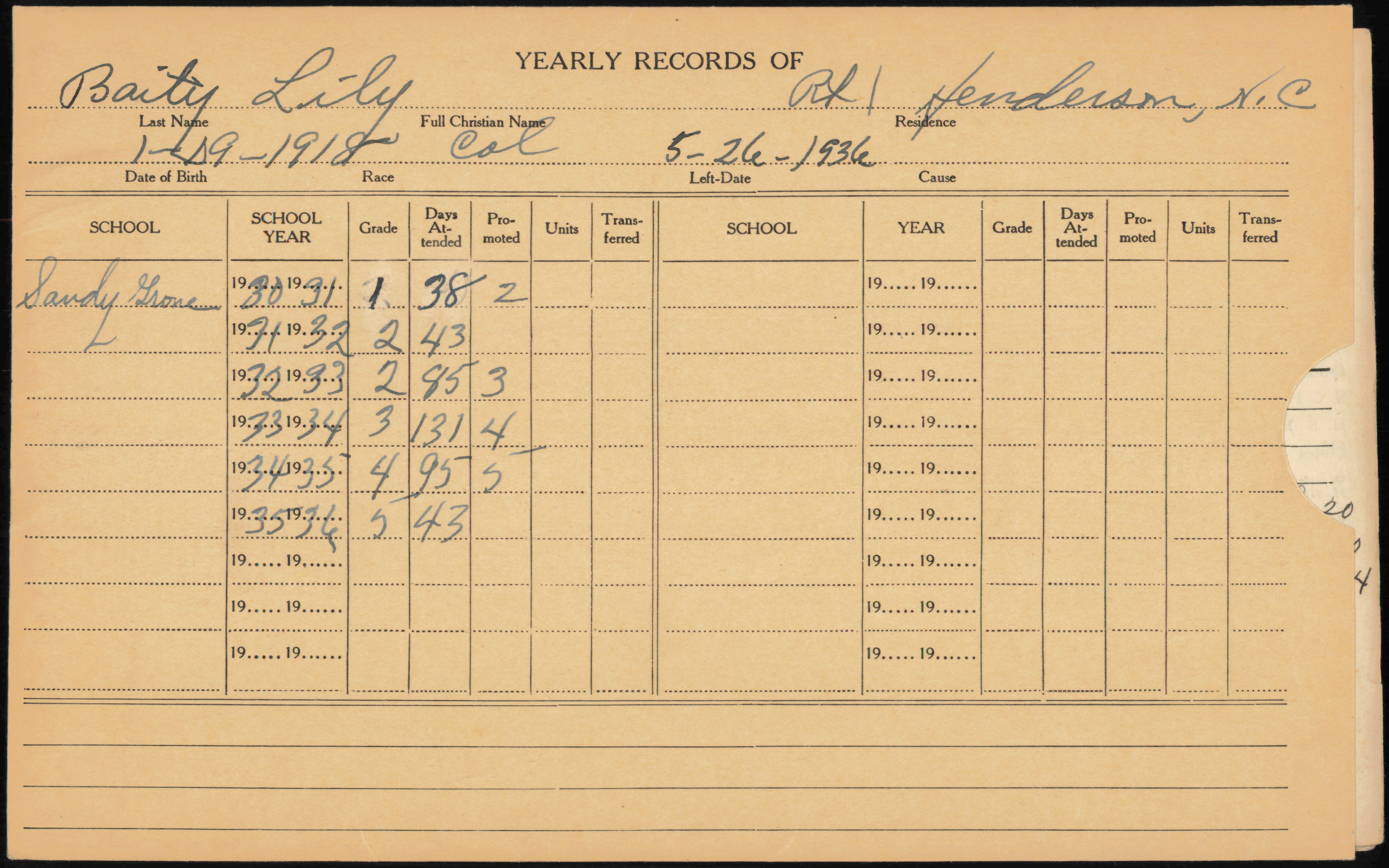 Students' of Vance County Yearly Record Envelopes: B