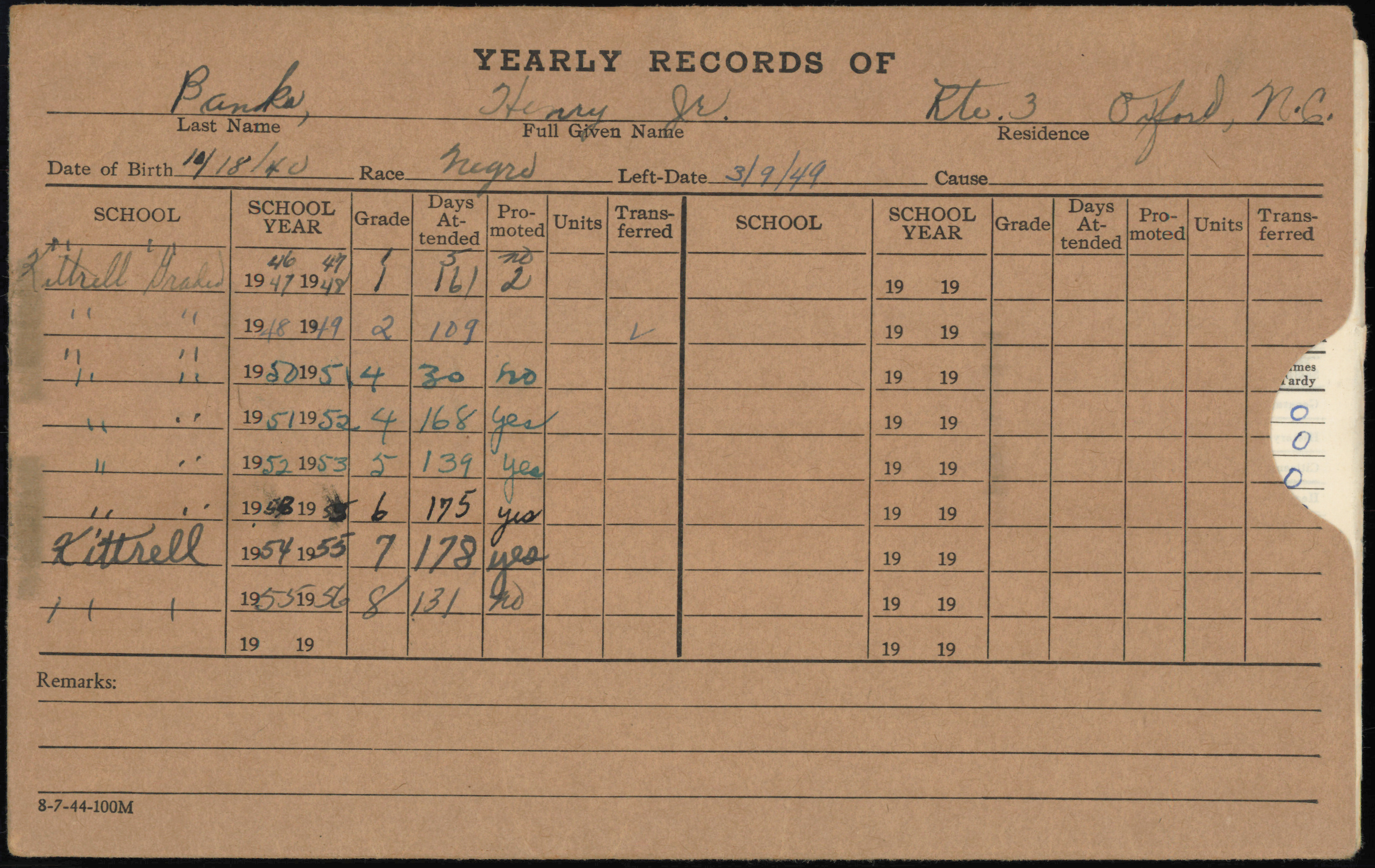 Students' of Vance County Yearly Record Envelopes: B