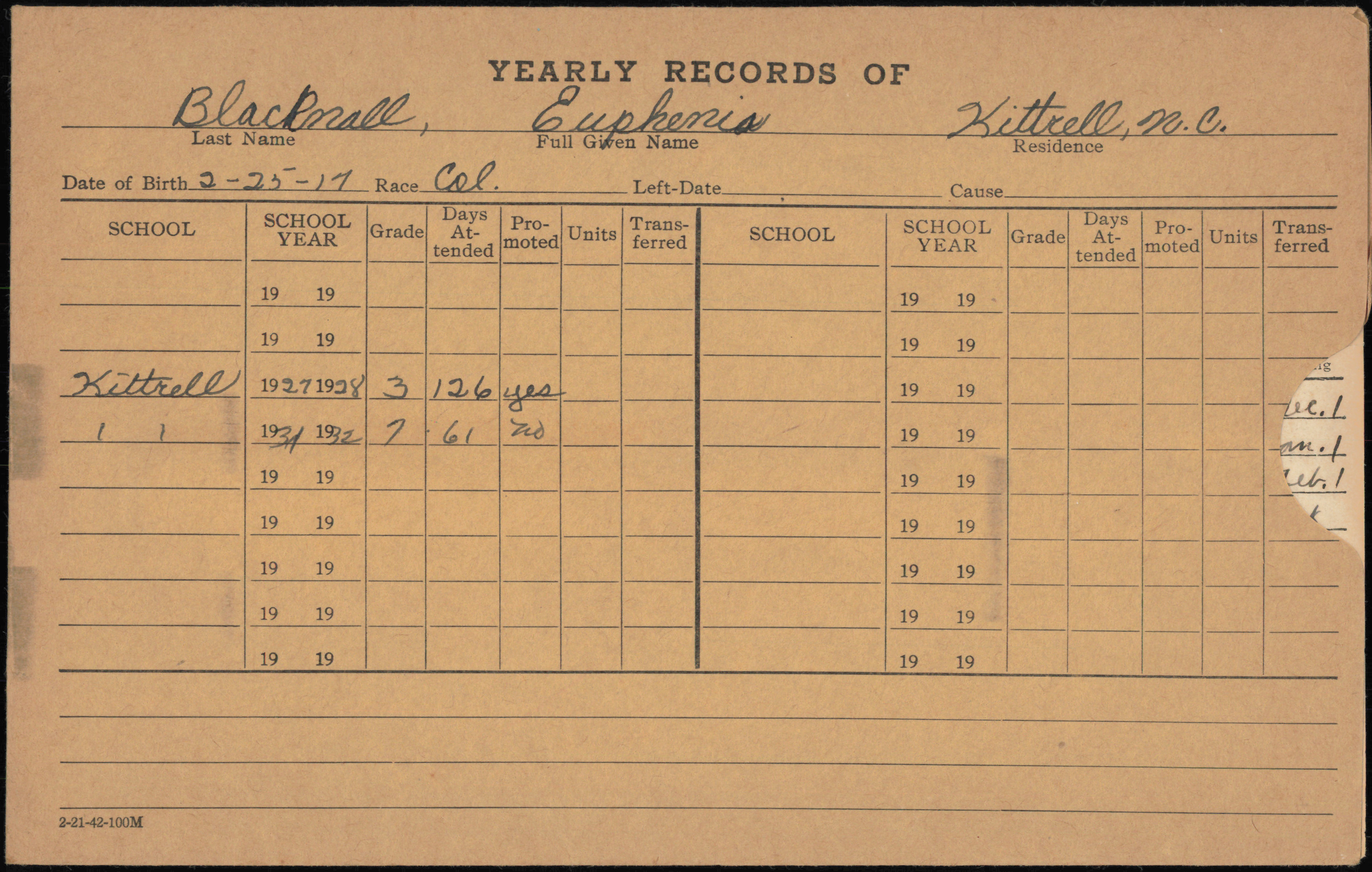 Students' of Vance County Yearly Record Envelopes: B