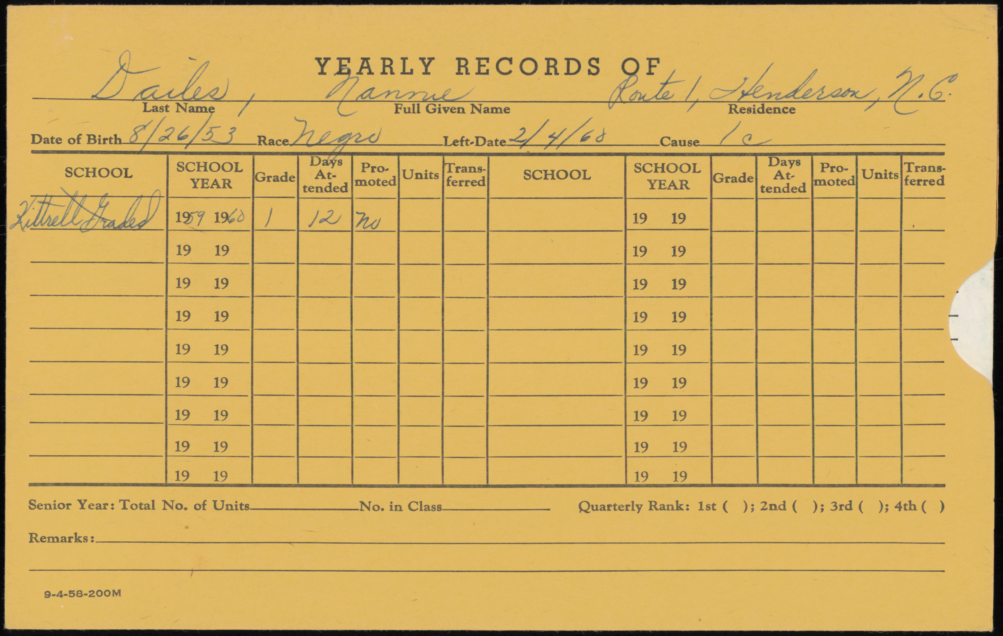 Students' of Vance County Yearly Record Envelopes: D