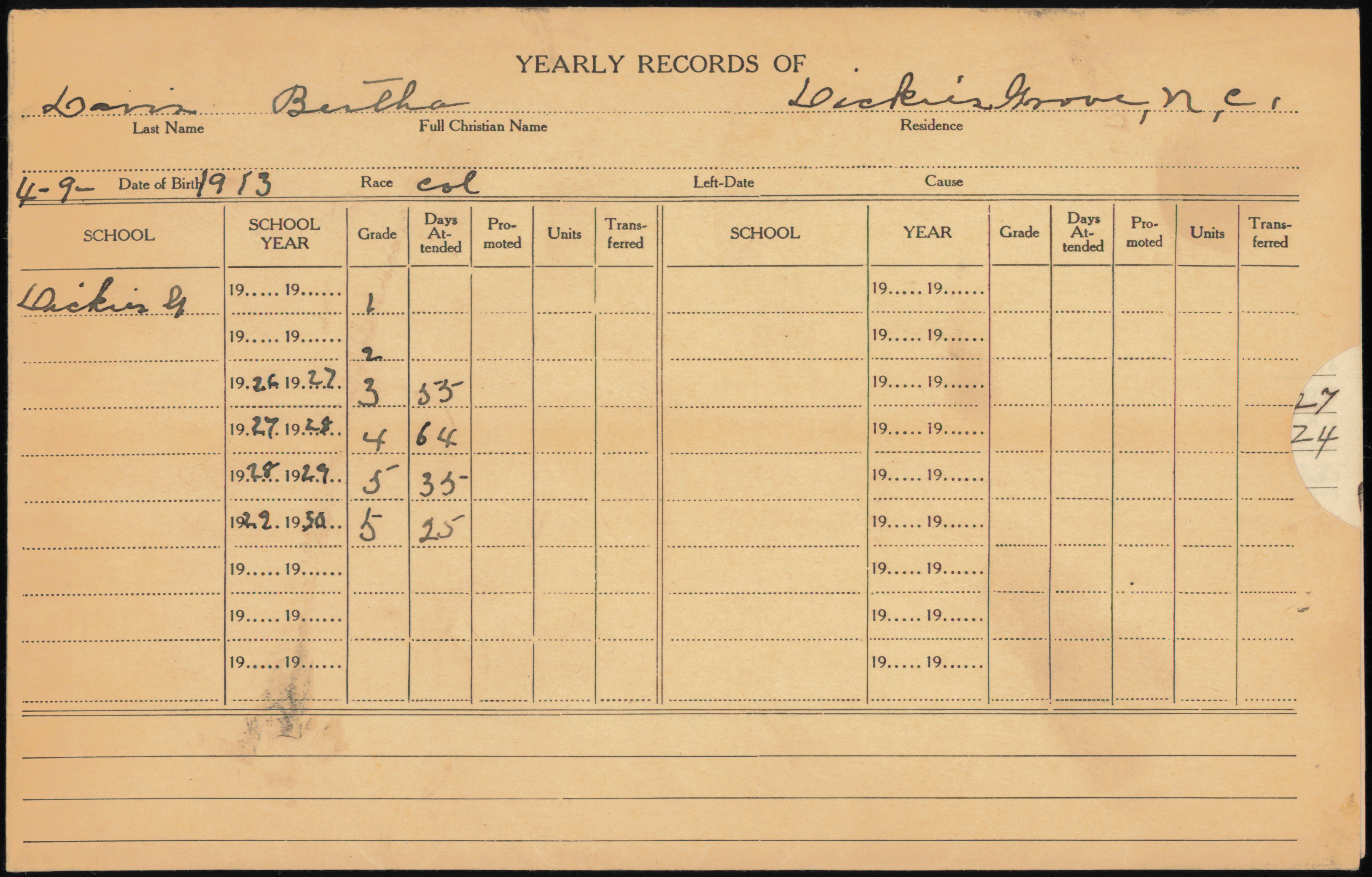 Students' of Vance County Yearly Record Envelopes: D