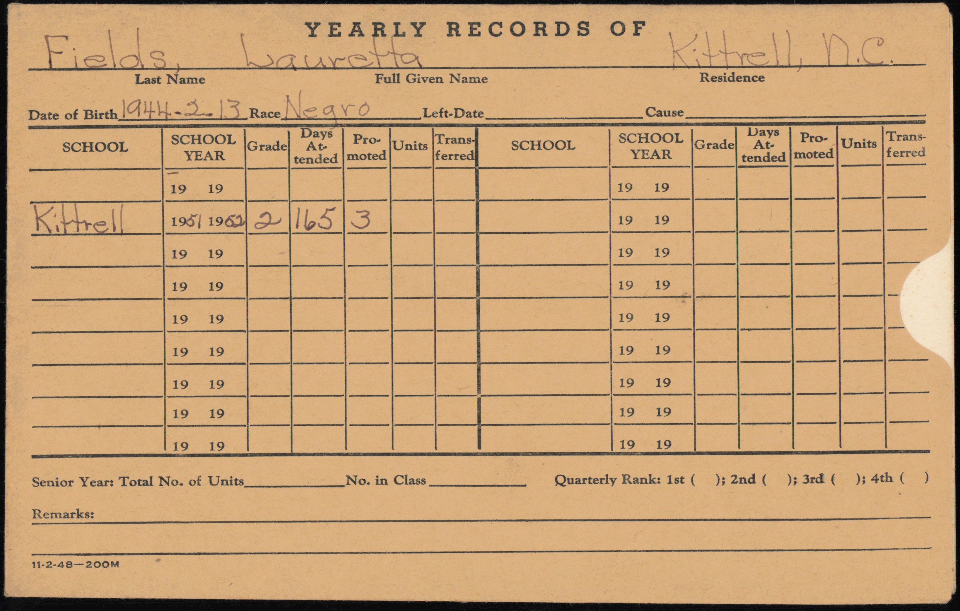 Students' of Vance County Yearly Record Envelopes: F