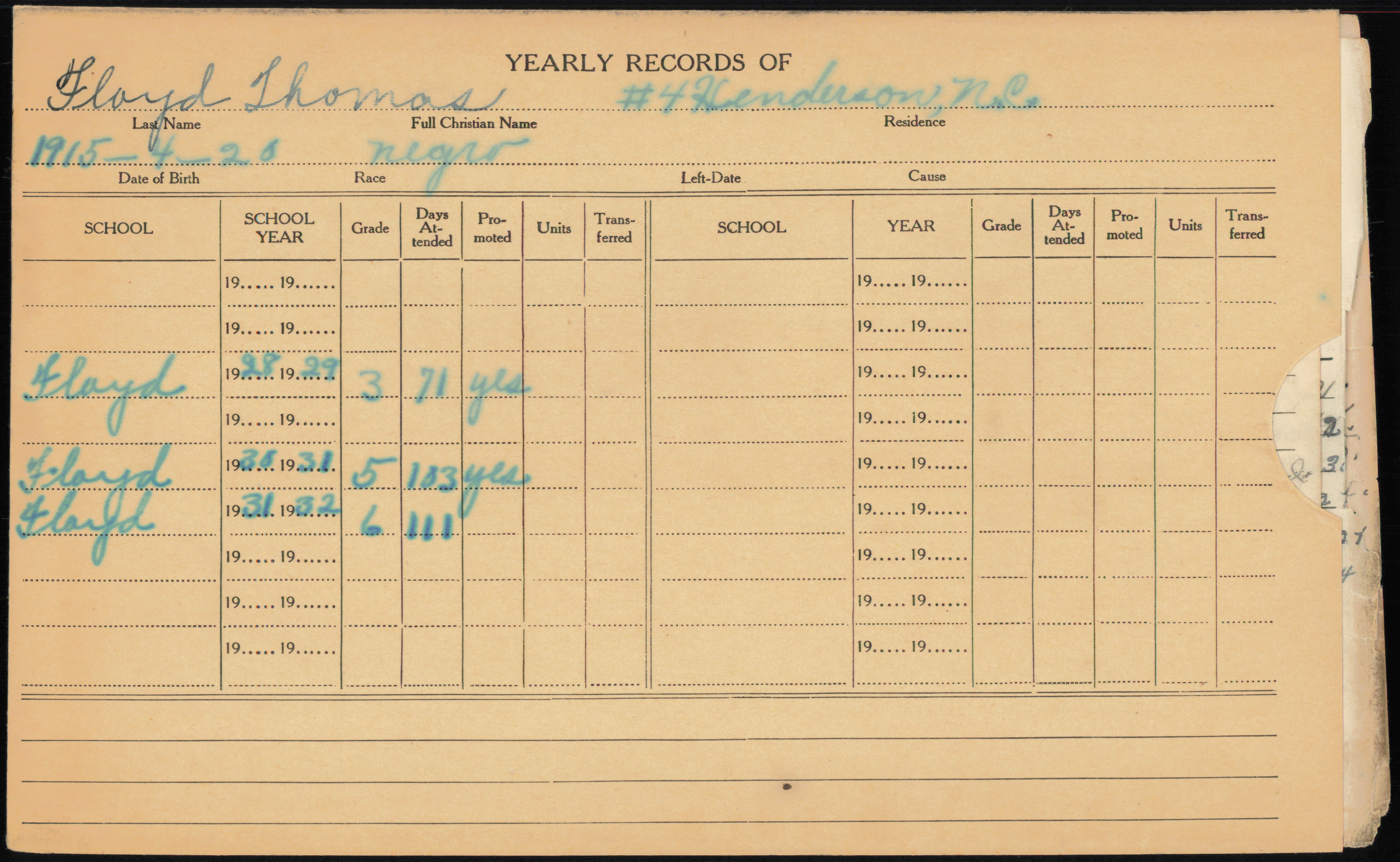 Students' of Vance County Yearly Record Envelopes: F