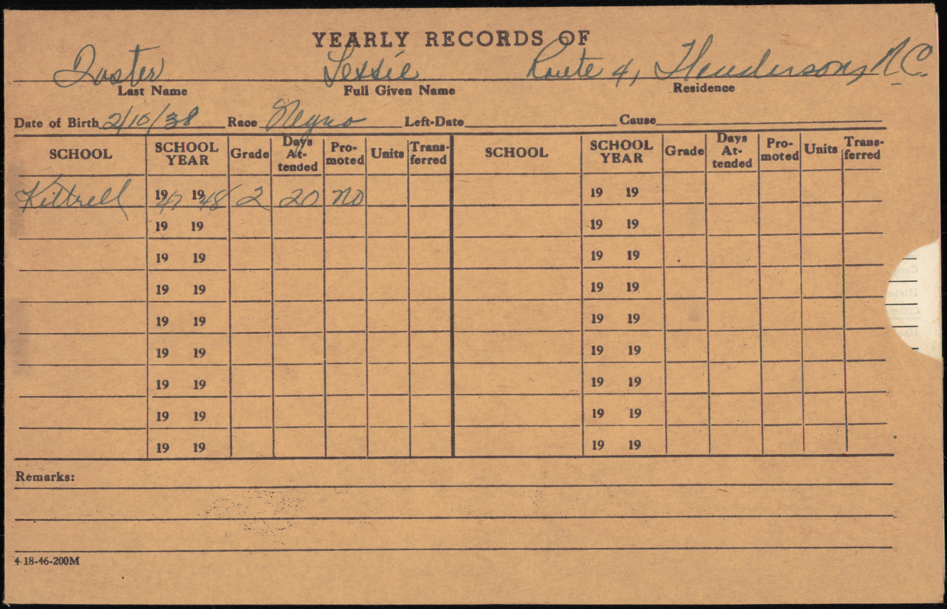 Students' of Vance County Yearly Record Envelopes: F