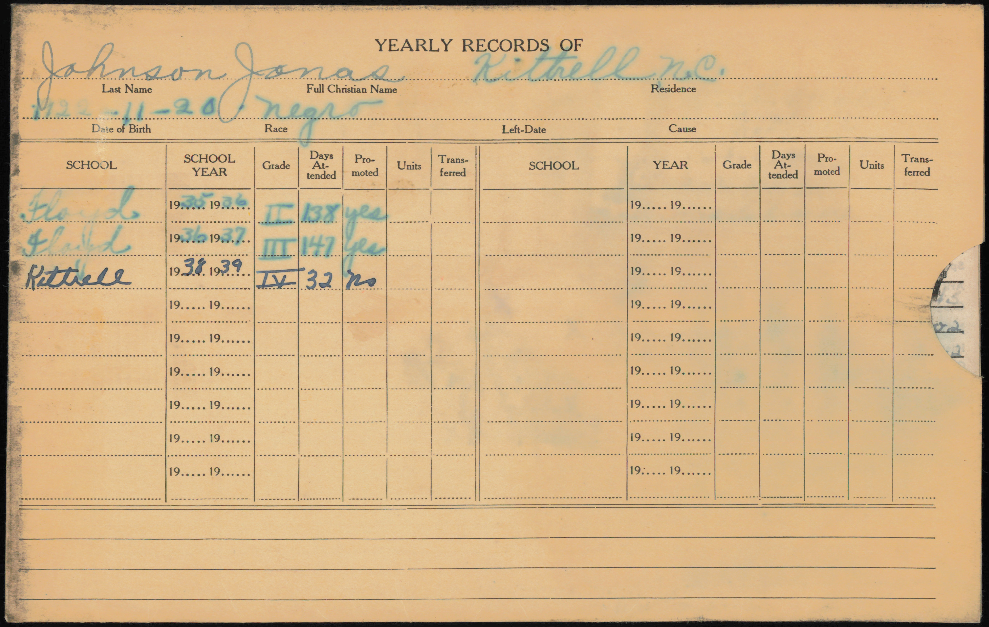 Students of Vance County Yearly Record Envelopes: J