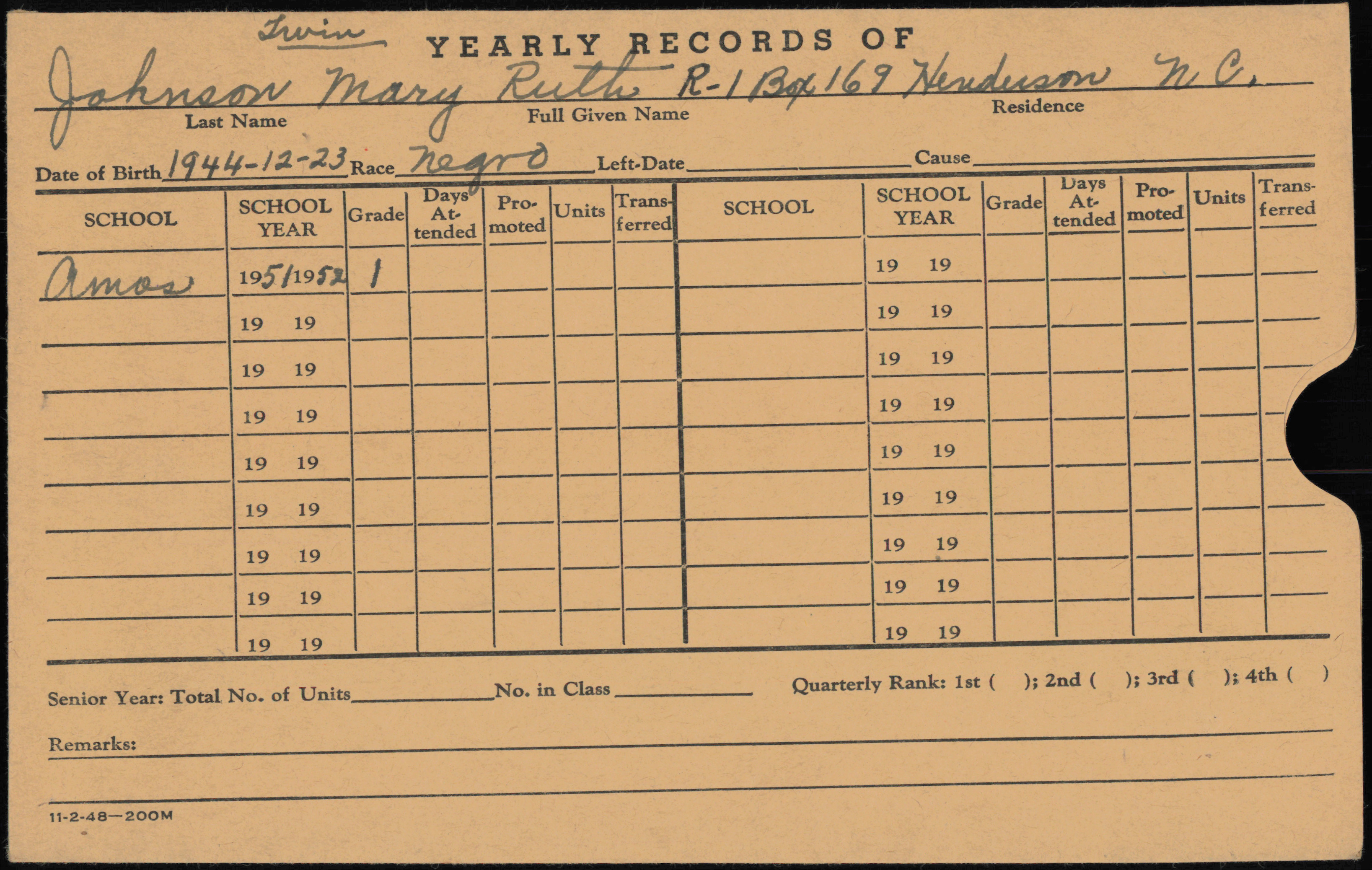 Students of Vance County Yearly Record Envelopes: J