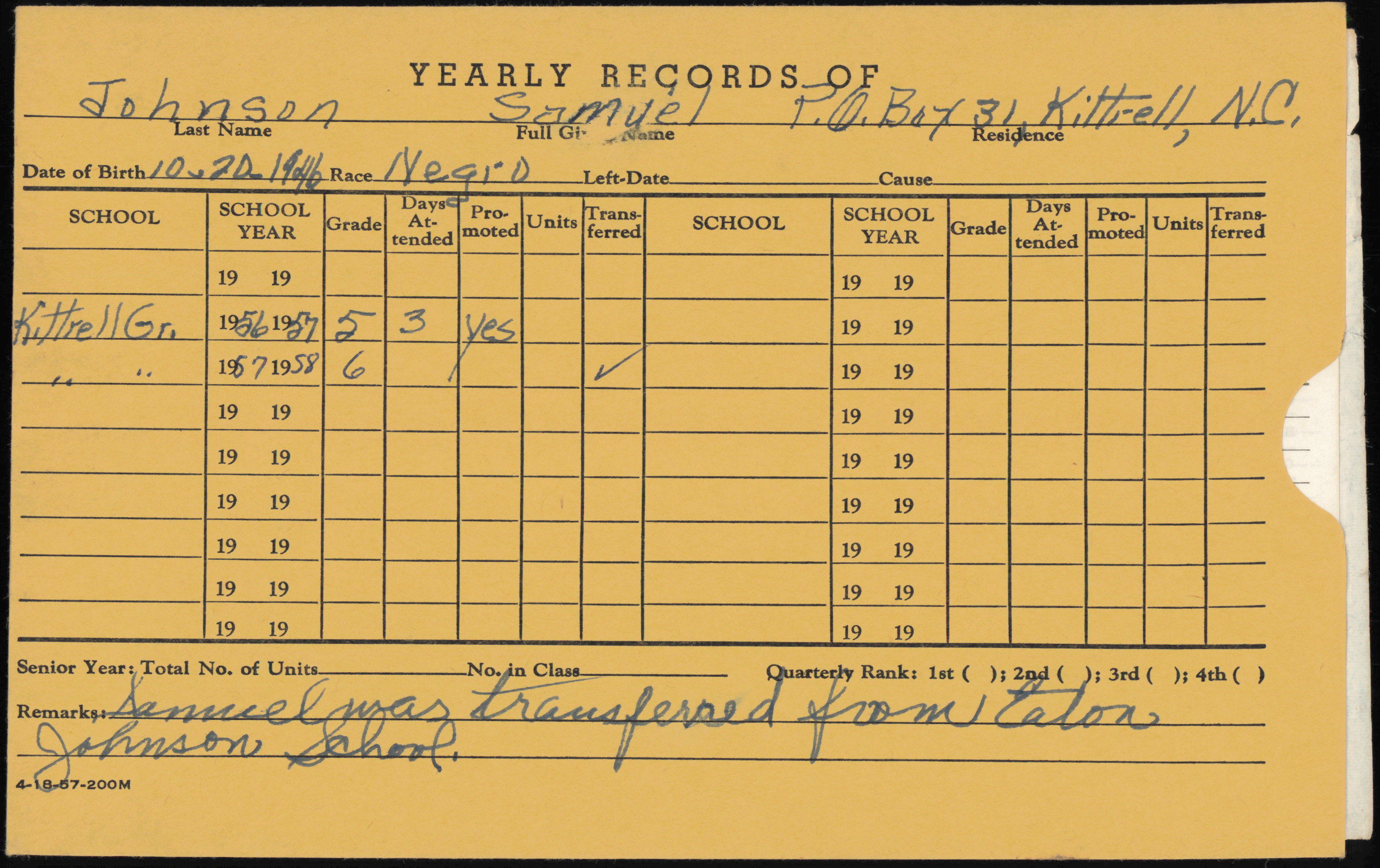 Students of Vance County Yearly Record Envelopes: J