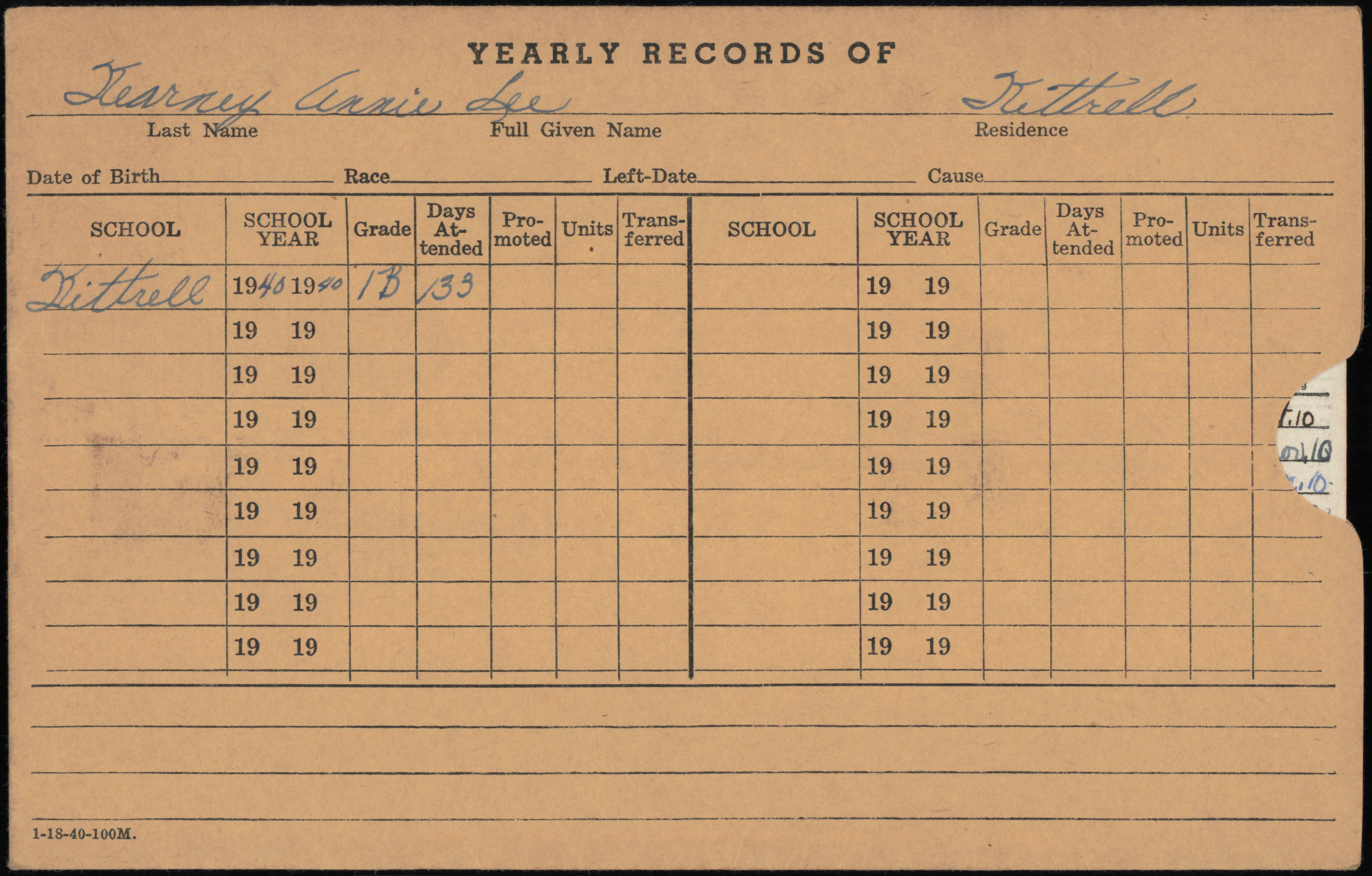 Students of Vance County Yearly Record Envelopes: K