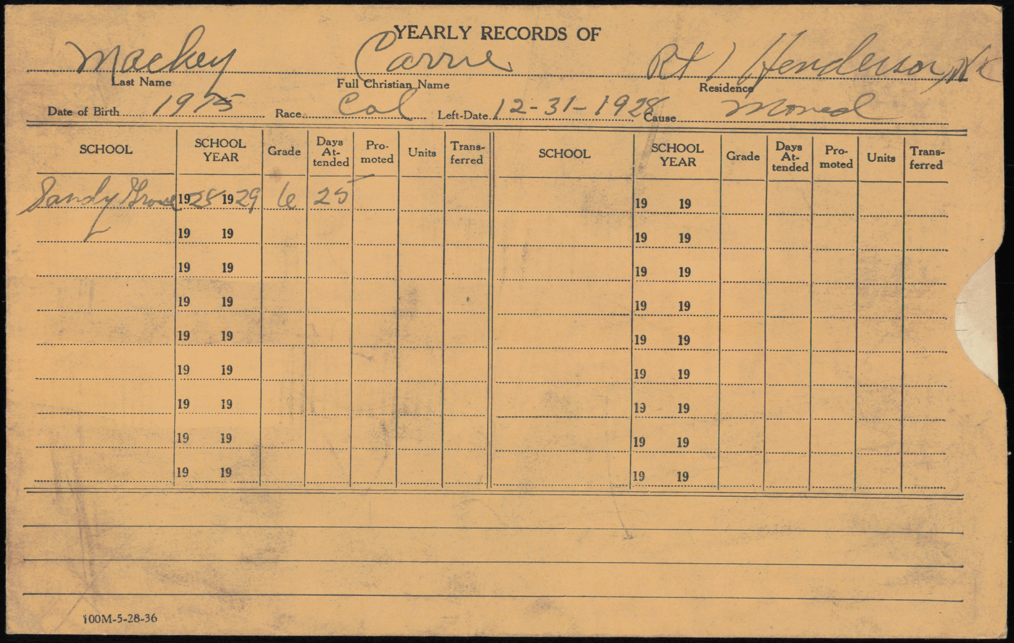 Students of Vance County Yearly Record Envelopes: M