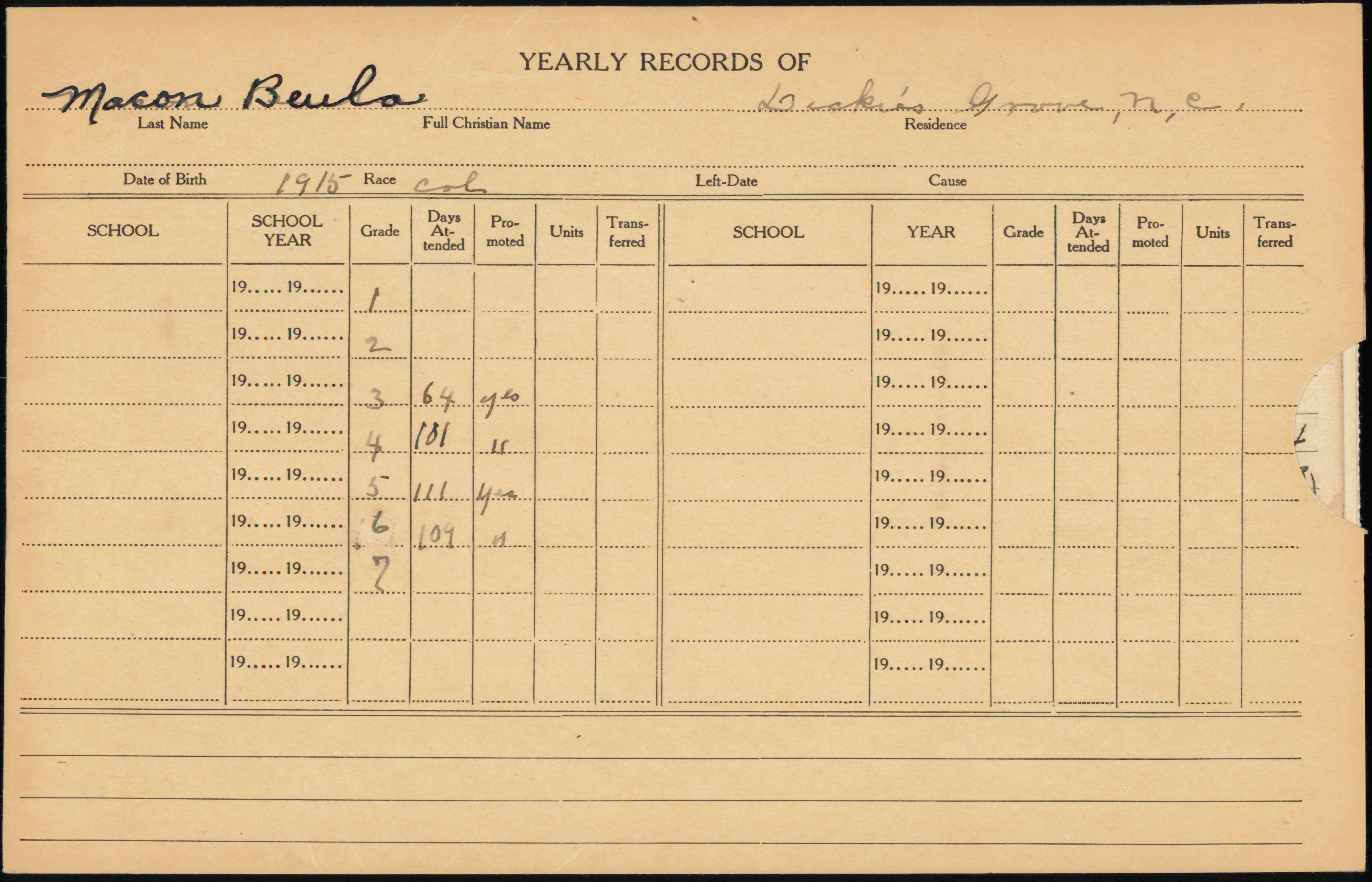 Students of Vance County Yearly Record Envelopes: M