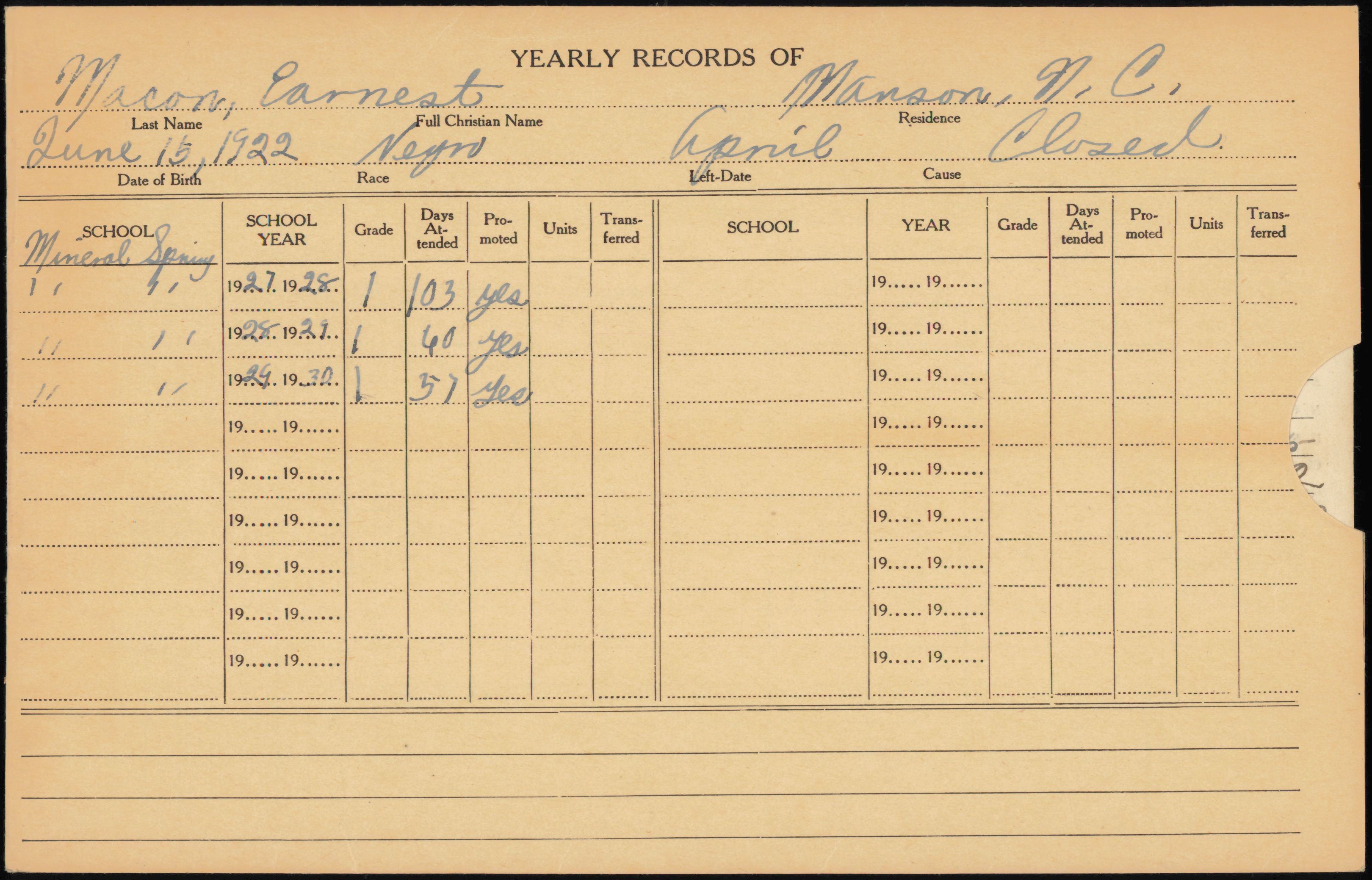 Students of Vance County Yearly Record Envelopes: M