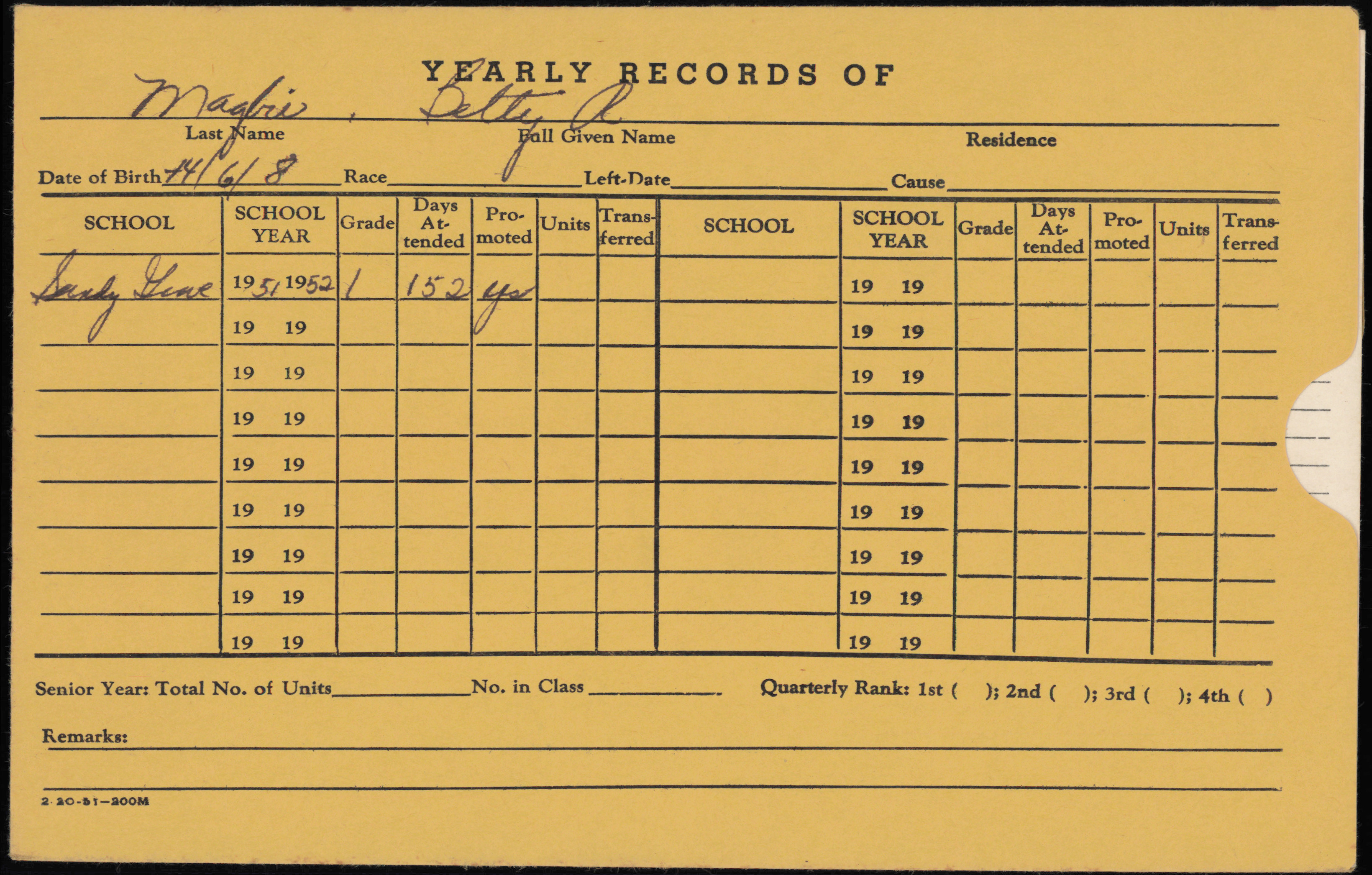 Students of Vance County Yearly Record Envelopes: M