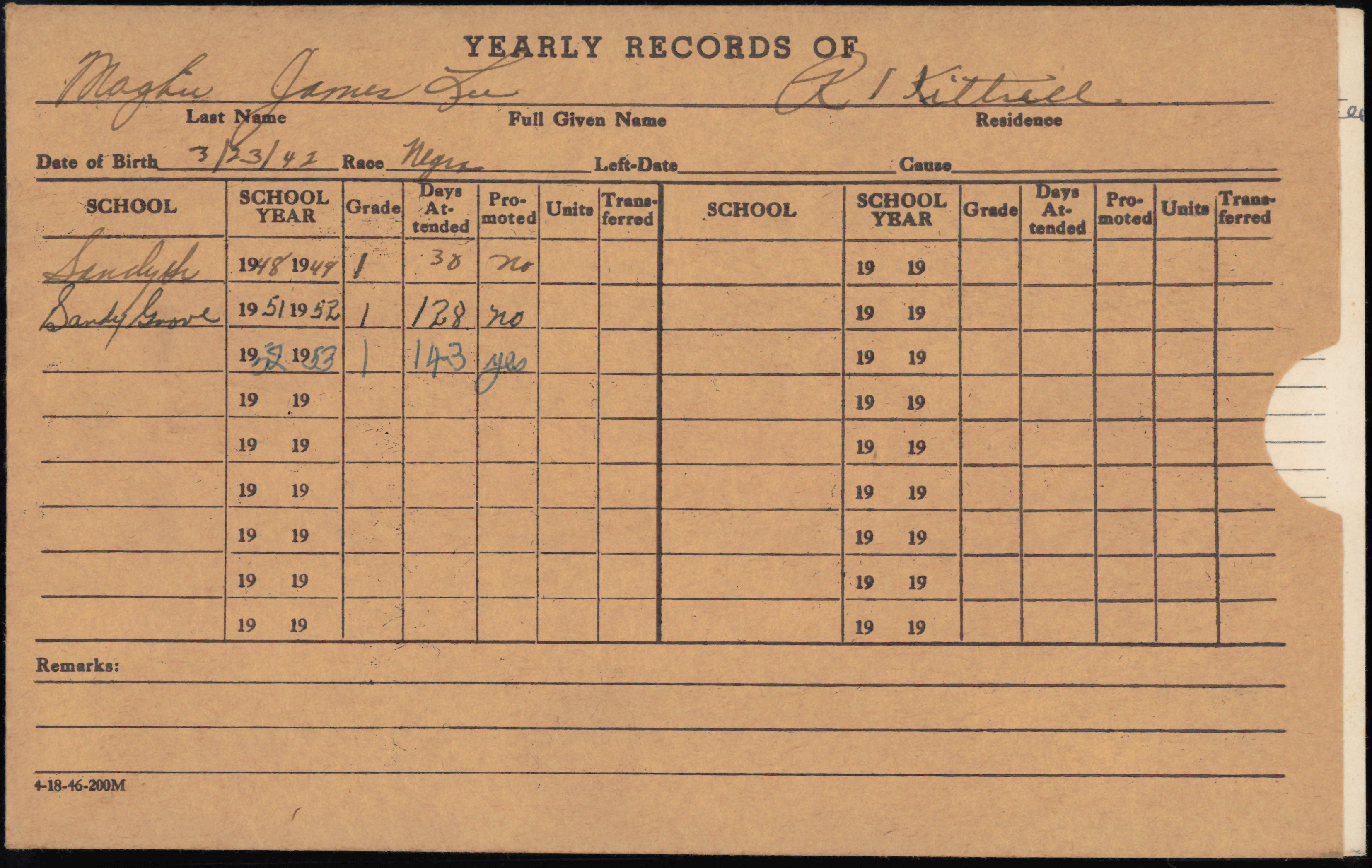 Students of Vance County Yearly Record Envelopes: M
