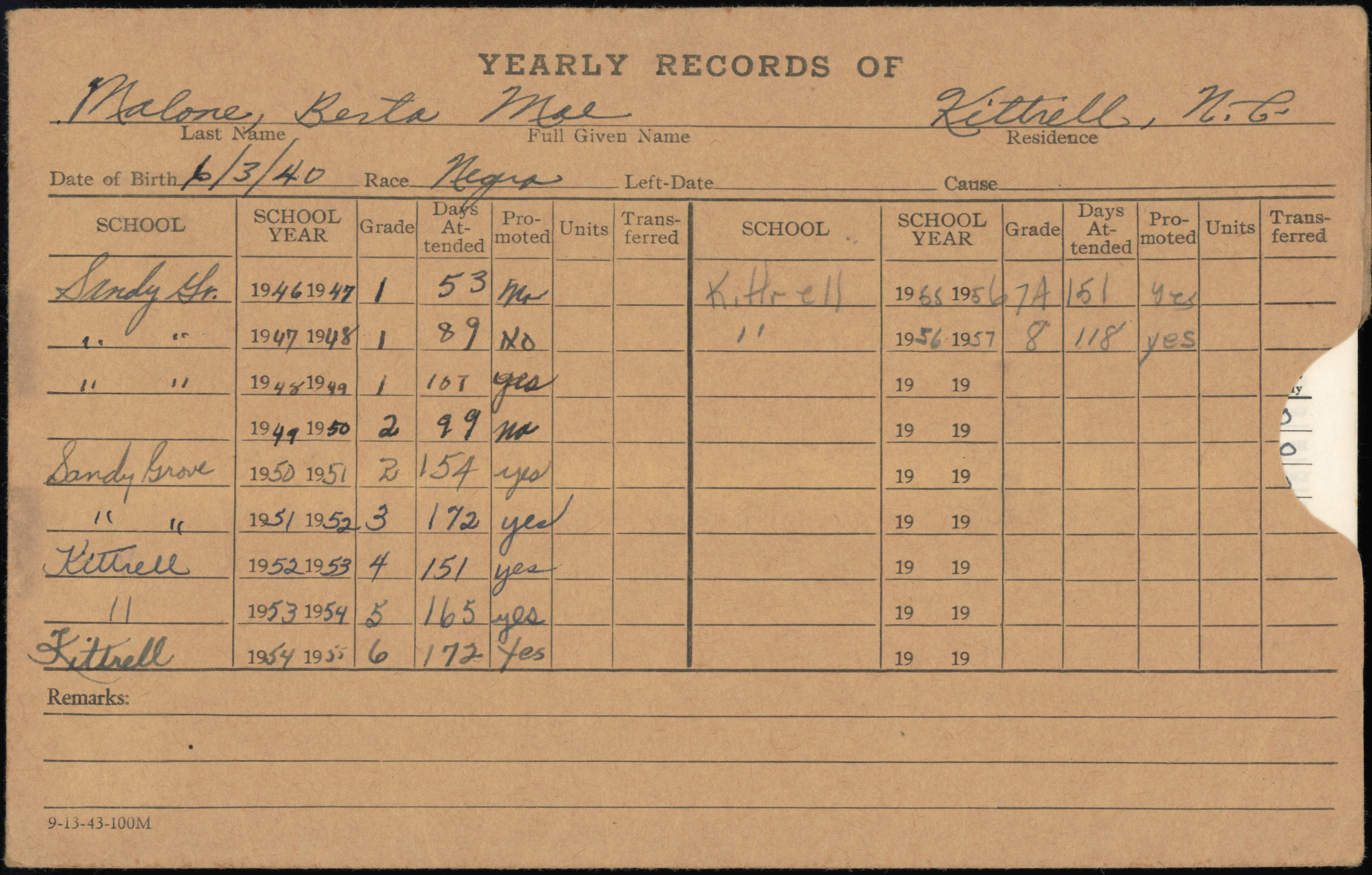 Students of Vance County Yearly Record Envelopes: M