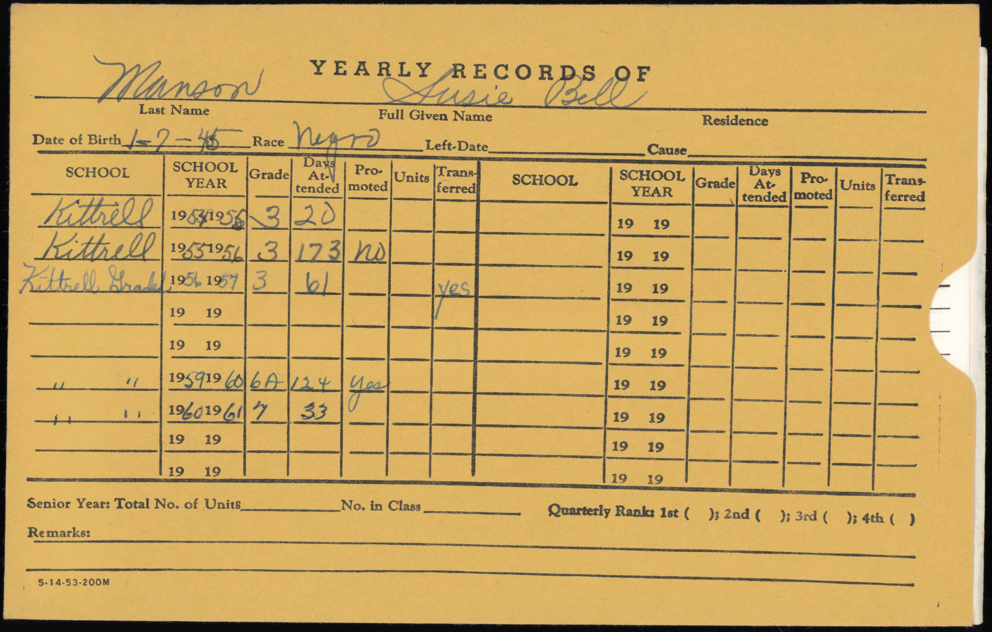 Students of Vance County Yearly Record Envelopes: M