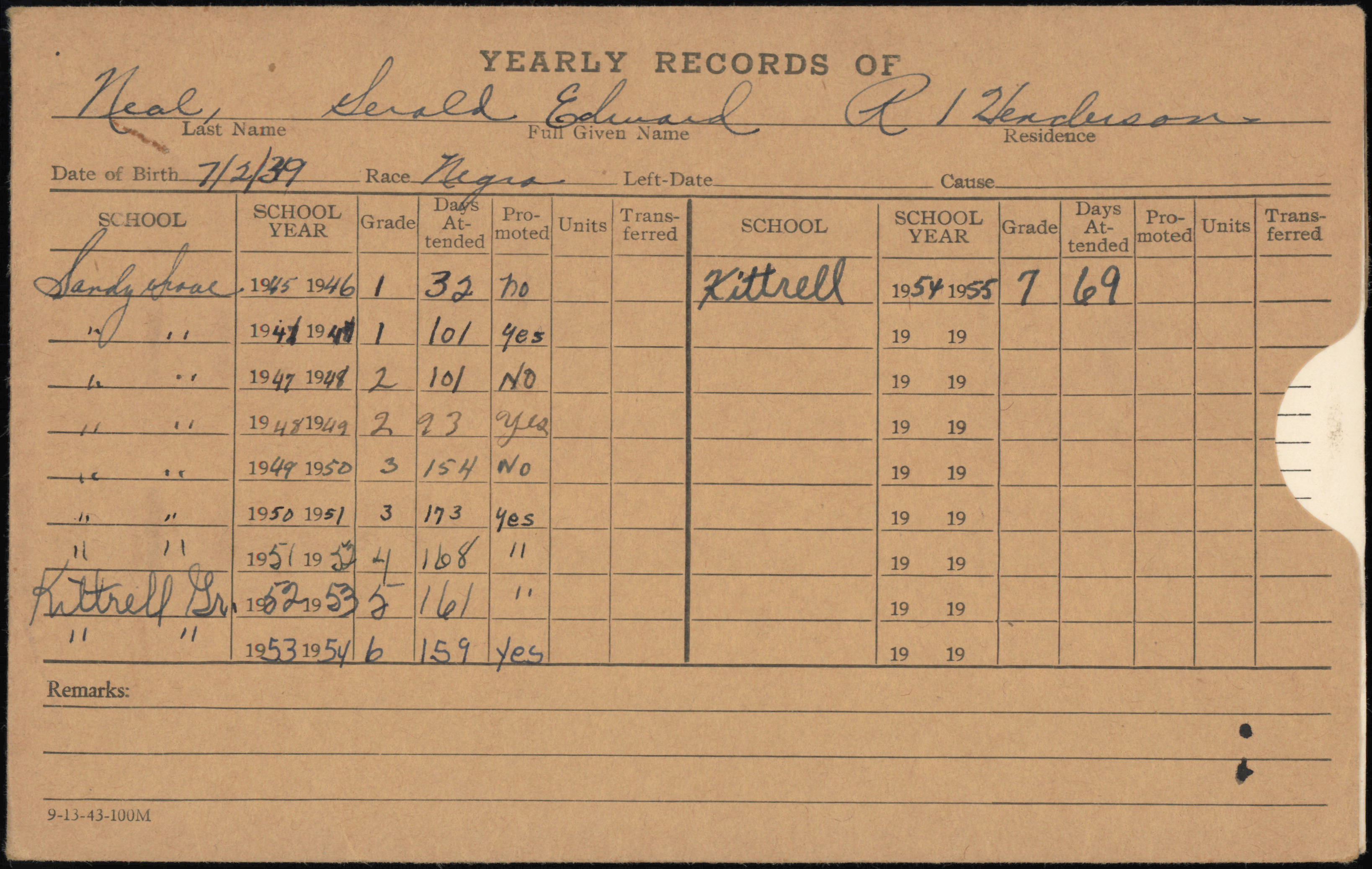 Students of Vance County Yearly Record Envelopes: N