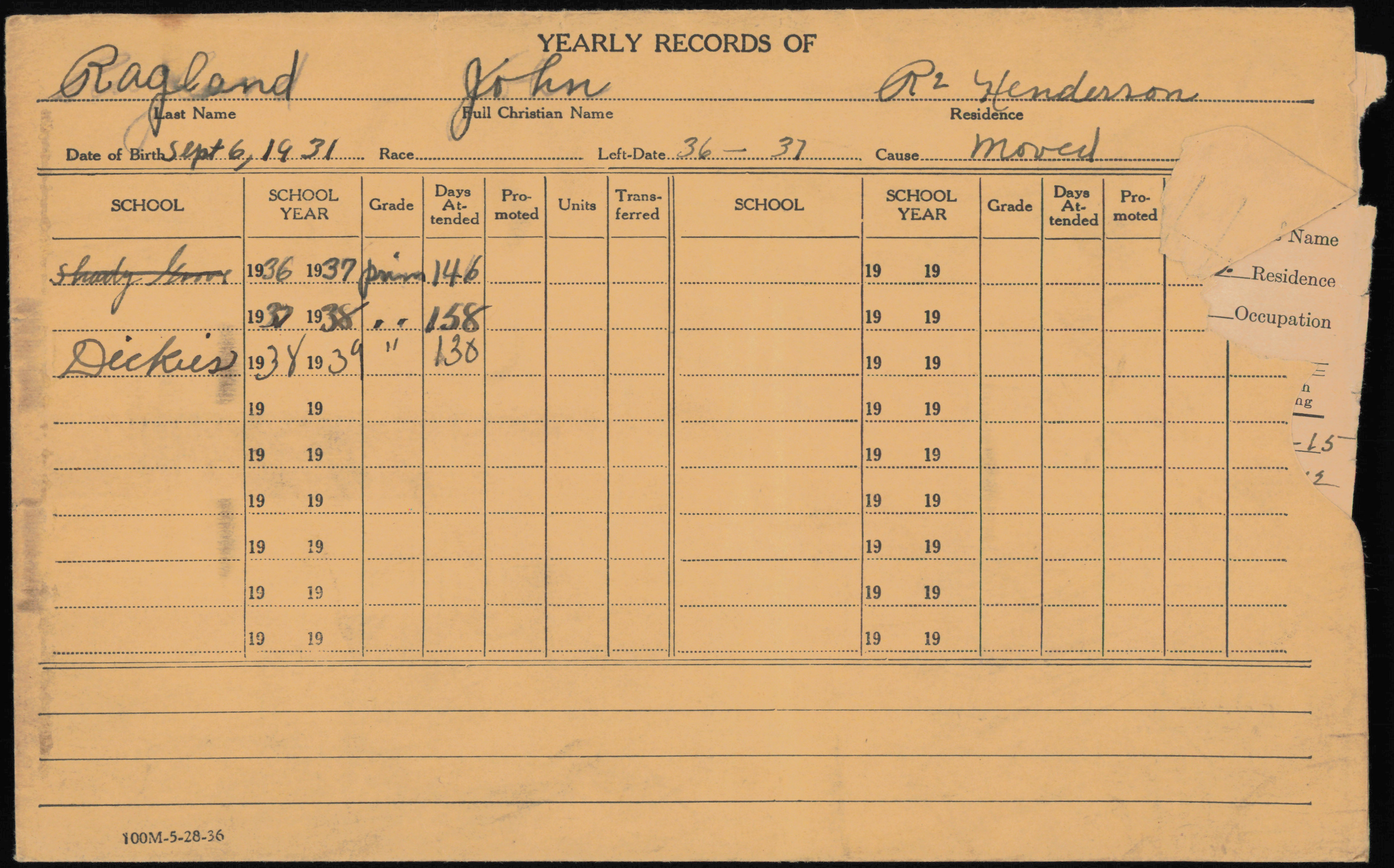 Students of Vance County Yearly Record Envelopes: R