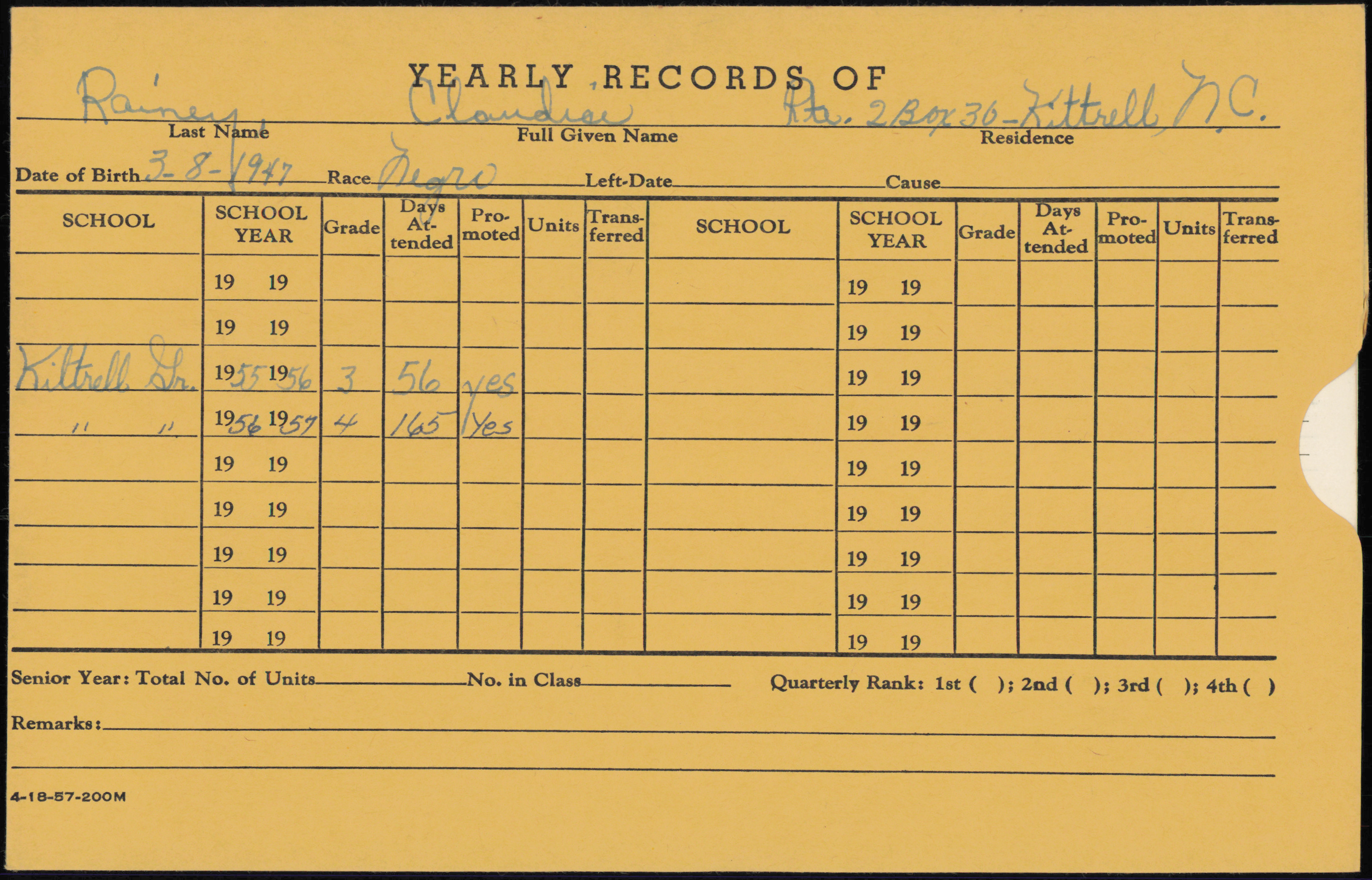 Students of Vance County Yearly Record Envelopes: R
