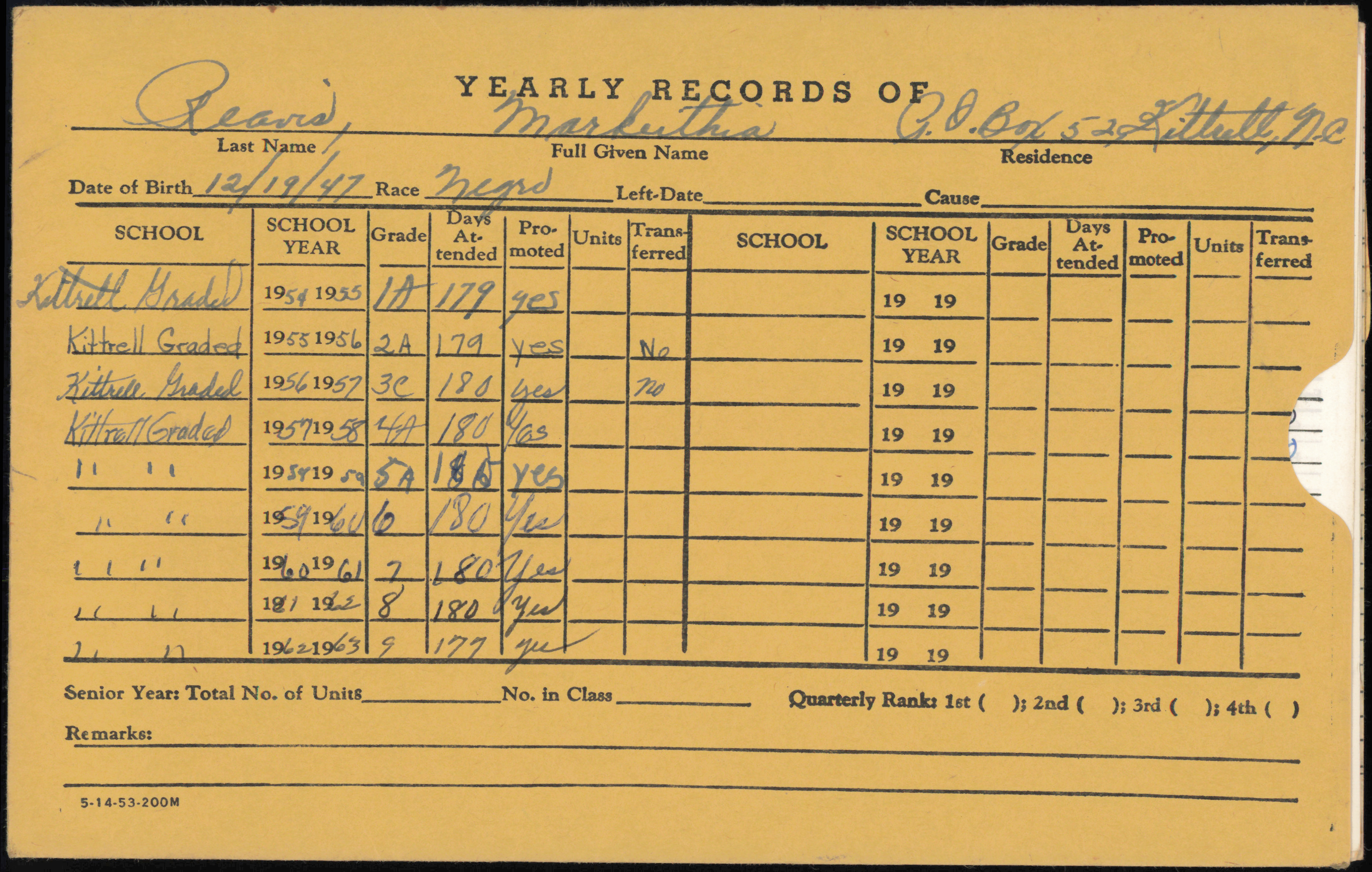 Students of Vance County Yearly Record Envelopes: R