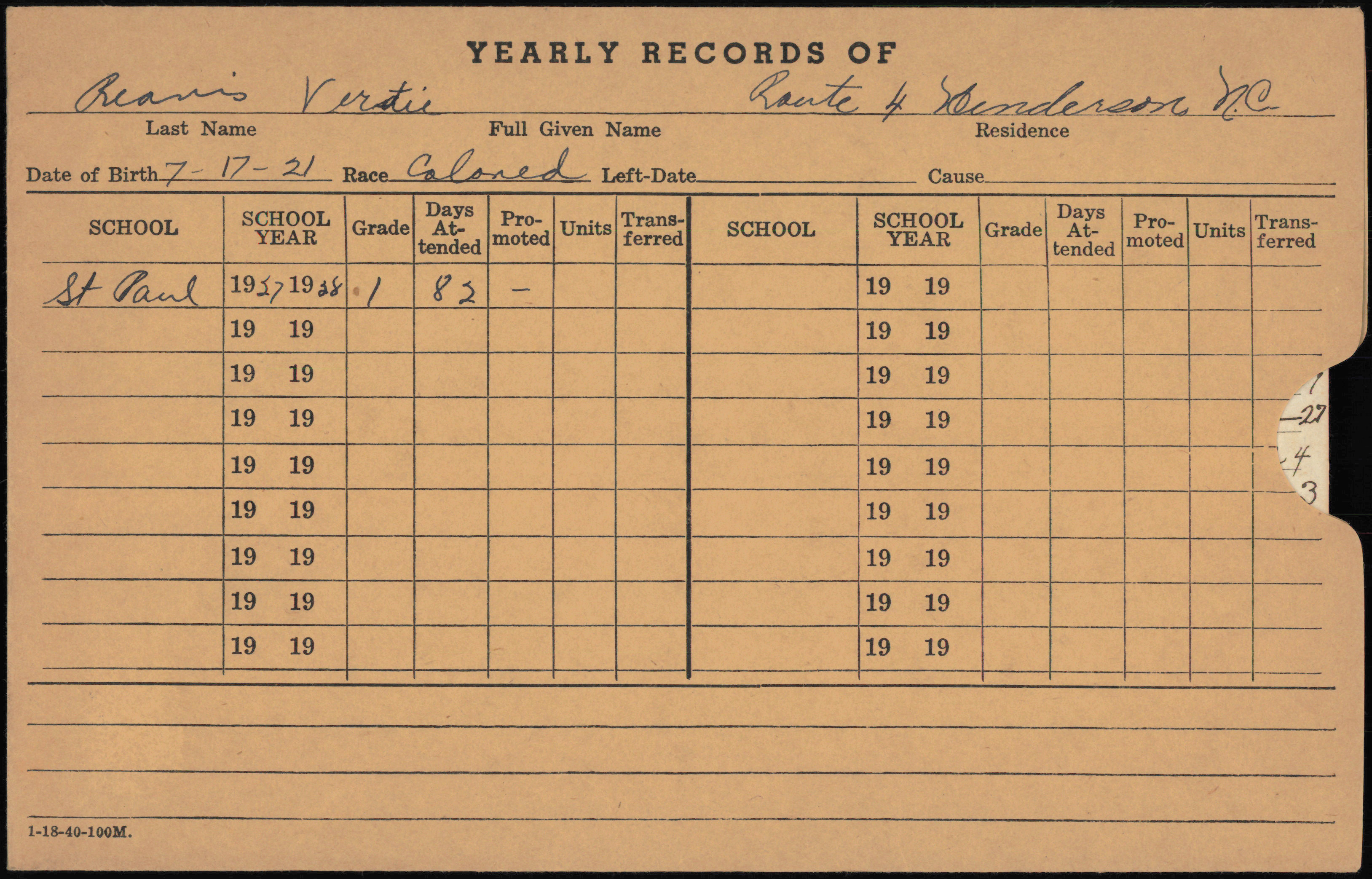 Students of Vance County Yearly Record Envelopes: R