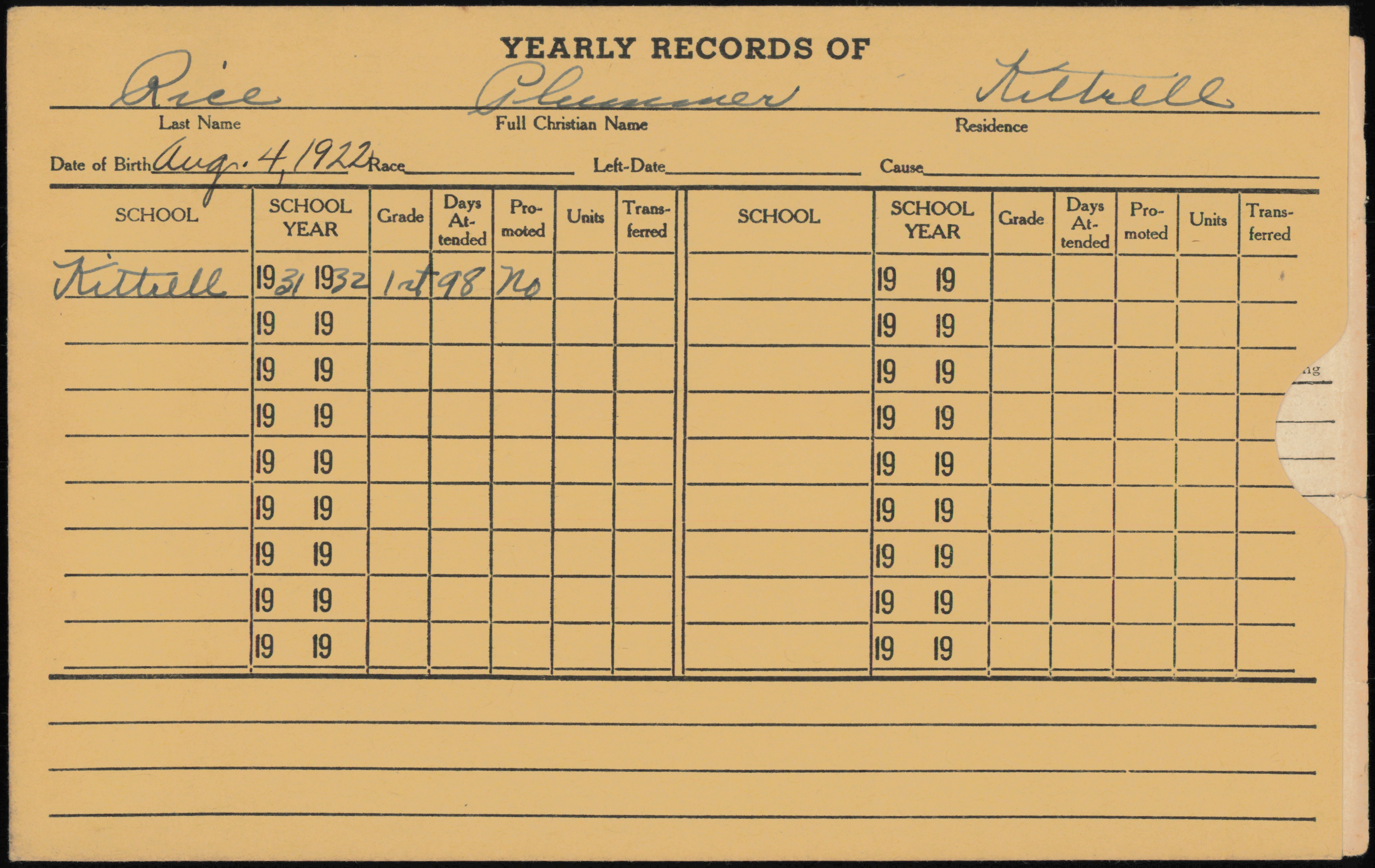 Students of Vance County Yearly Record Envelopes: R