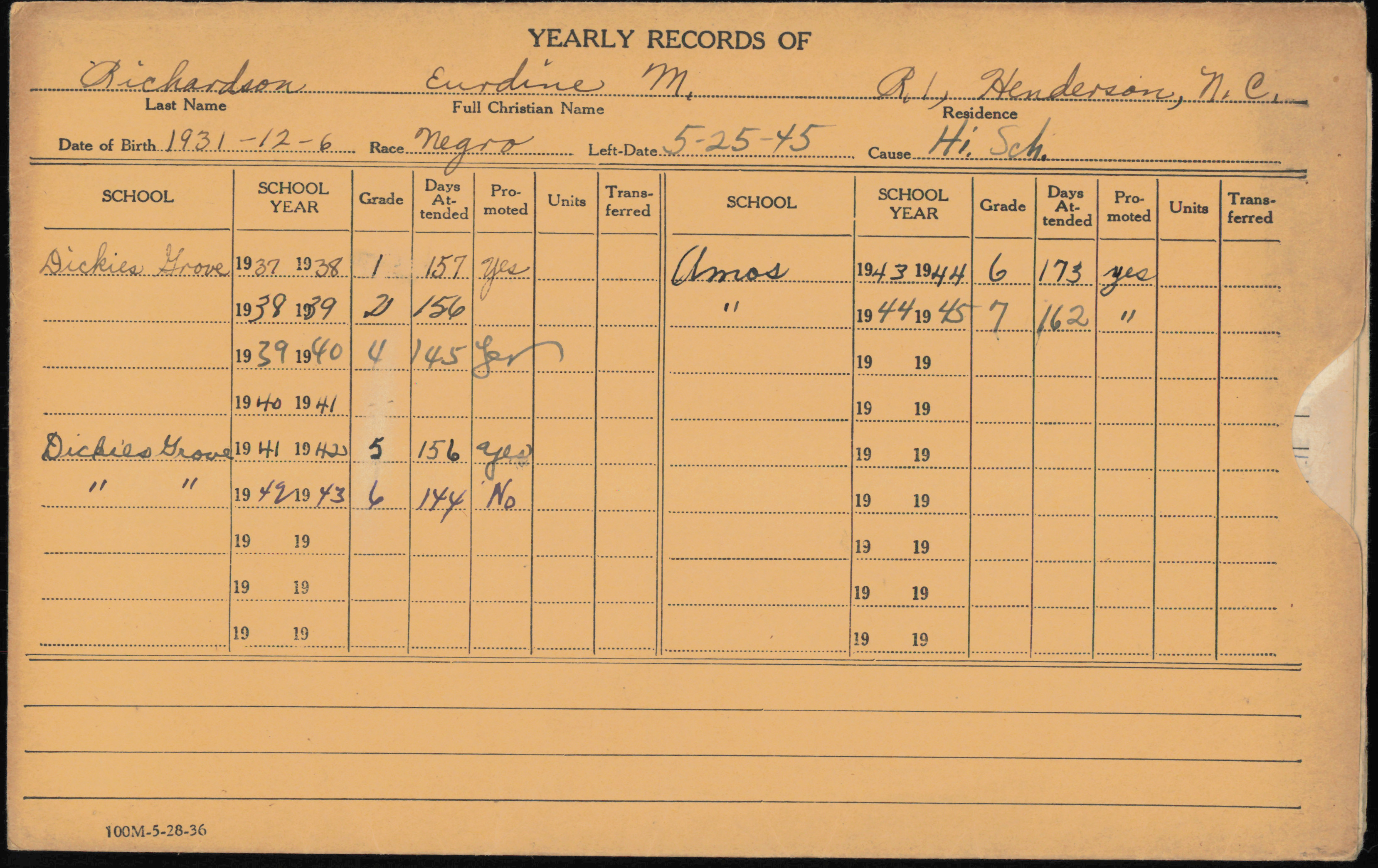 Students of Vance County Yearly Record Envelopes: R