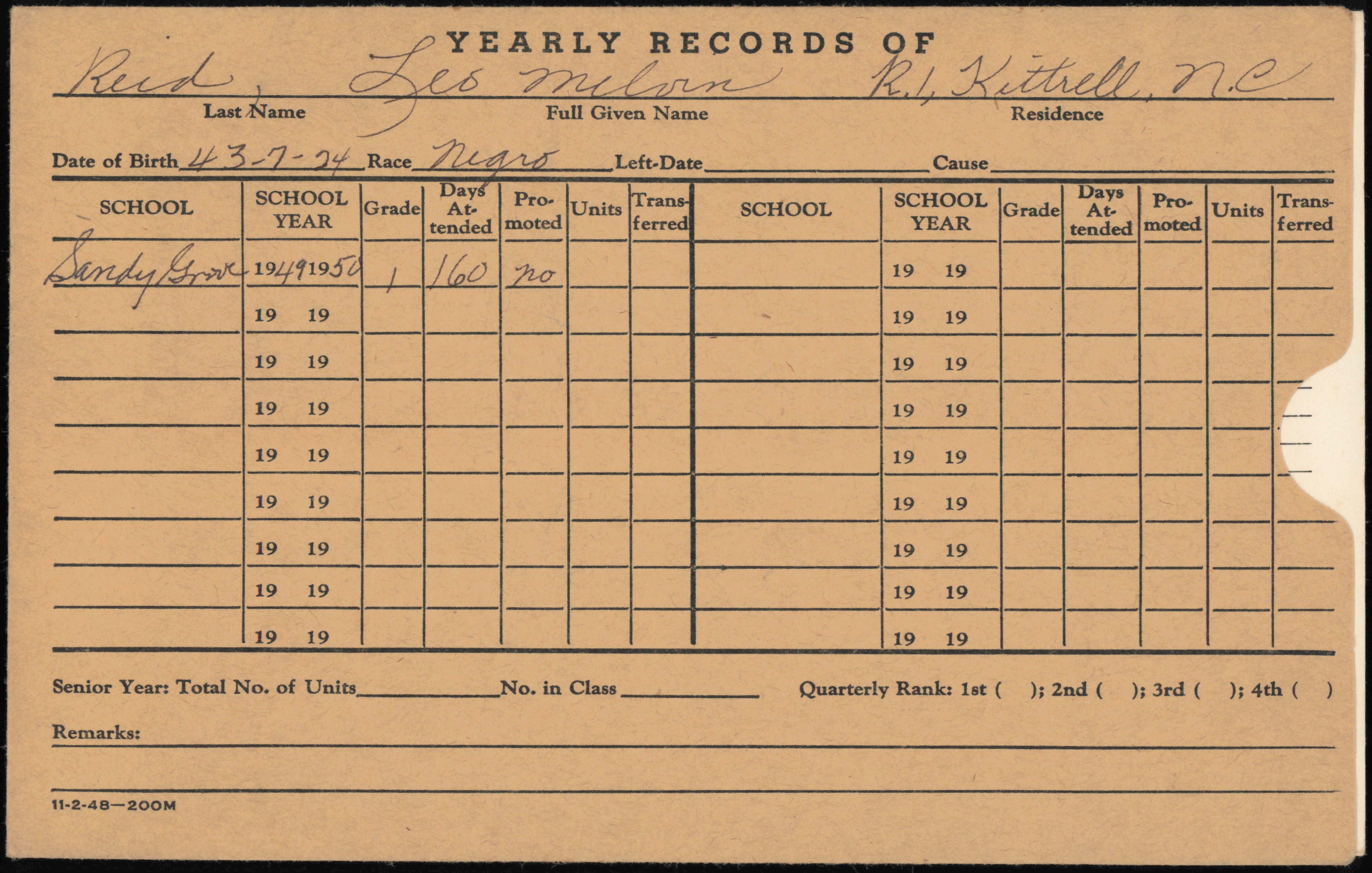 Students of Vance County Yearly Record Envelopes: R