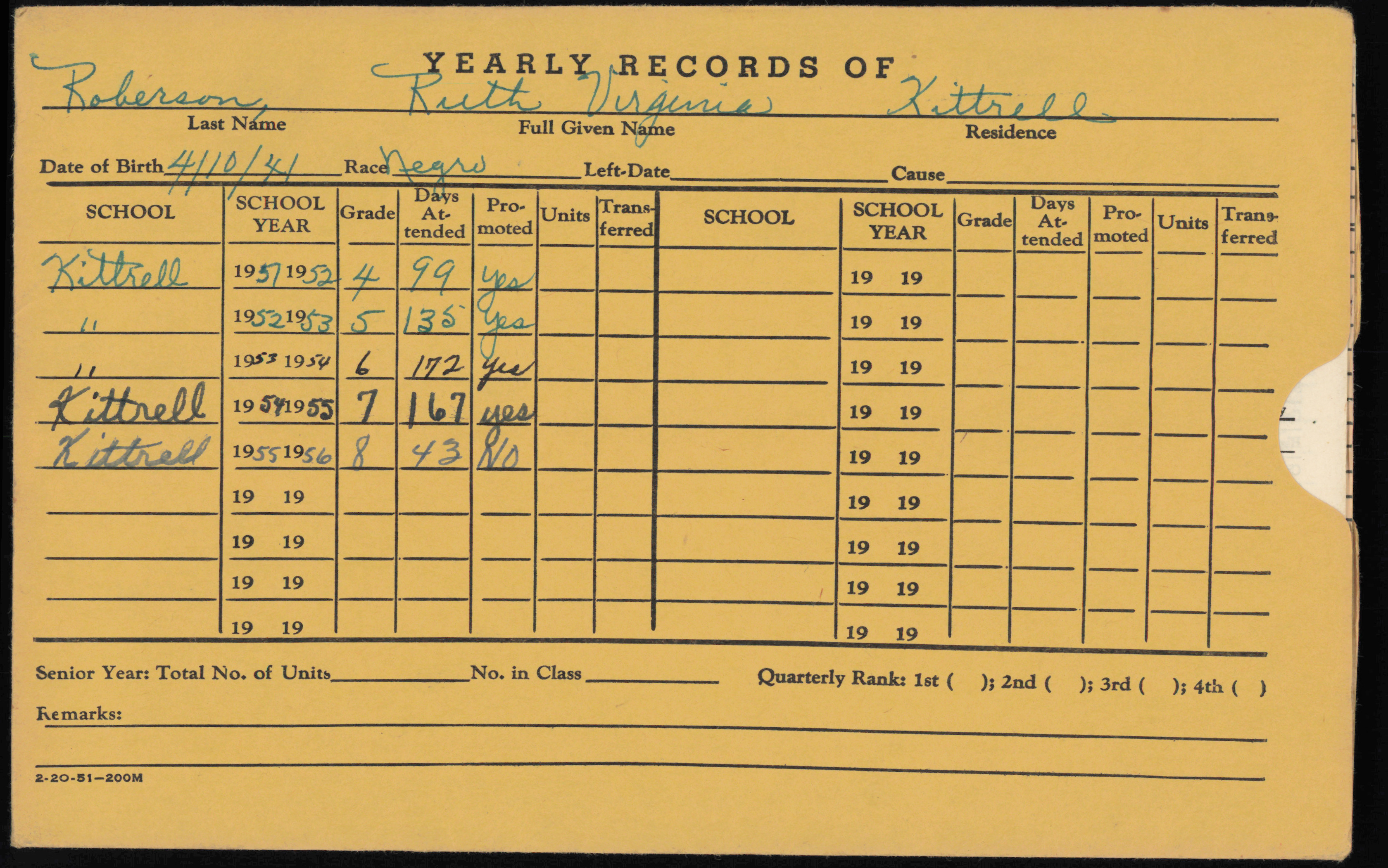 Students of Vance County Yearly Record Envelopes: R