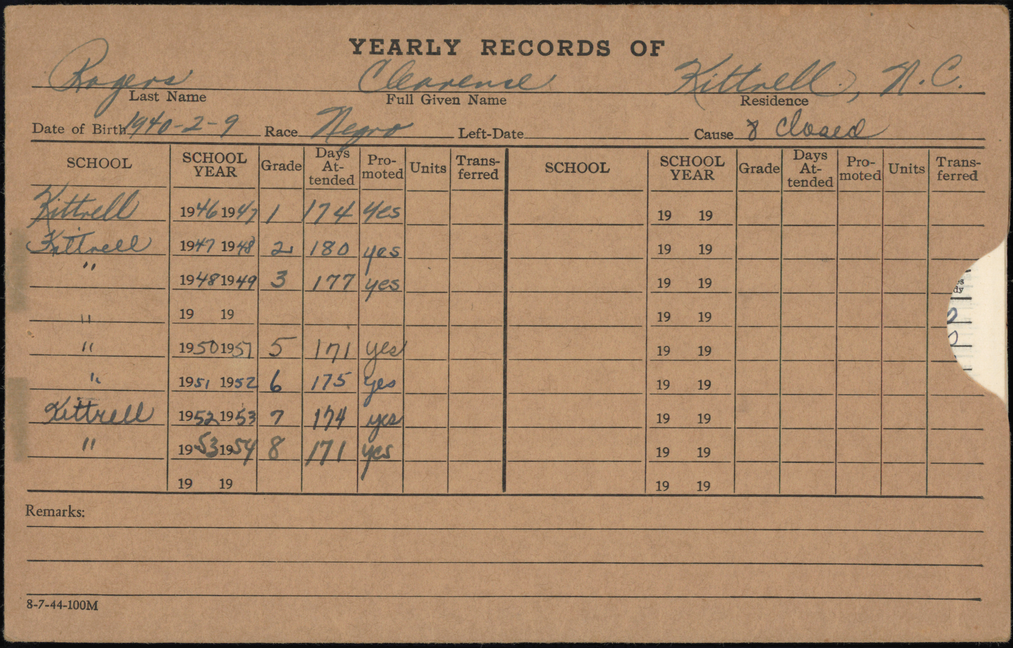 Students of Vance County Yearly Record Envelopes: R