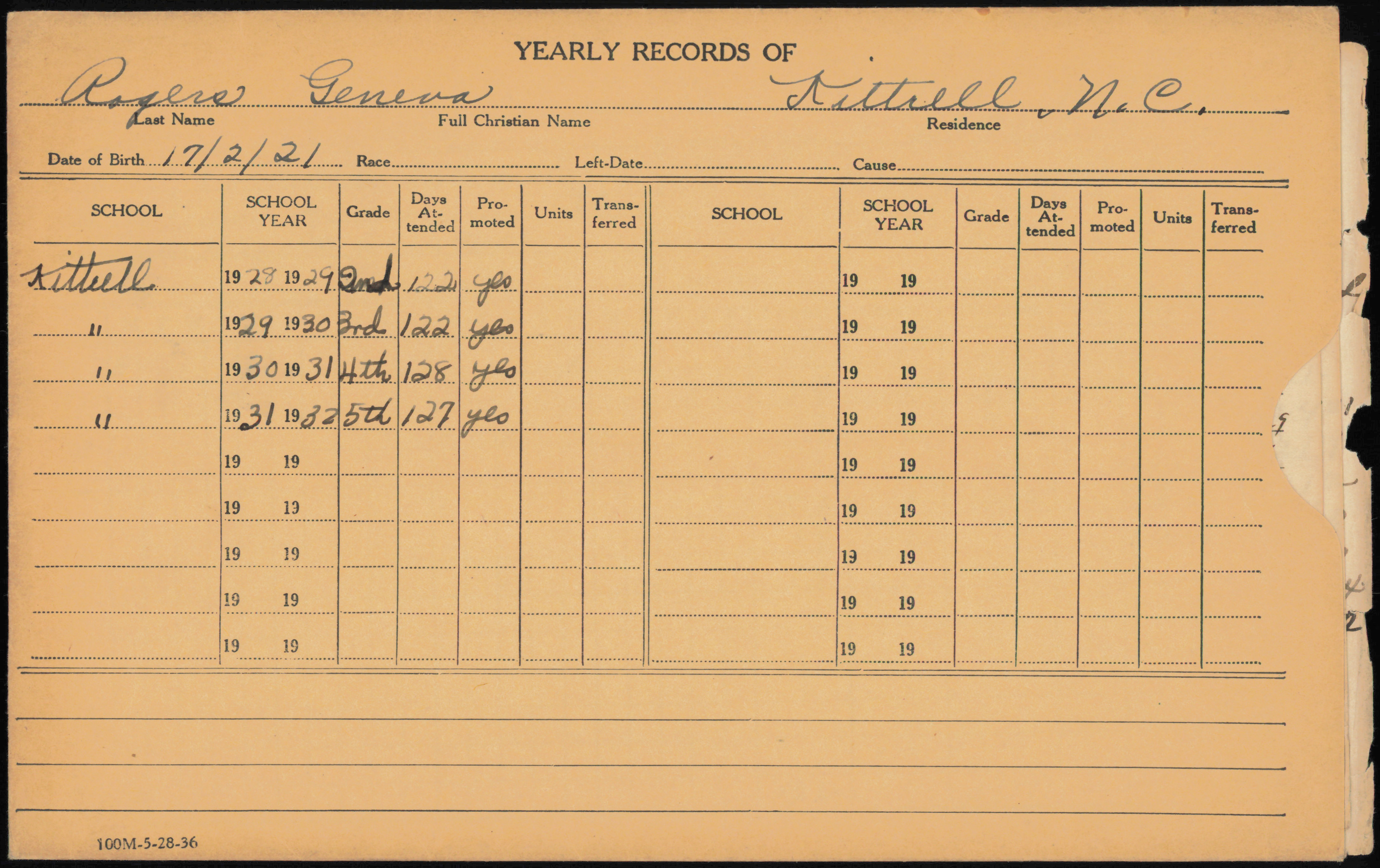 Students of Vance County Yearly Record Envelopes: R