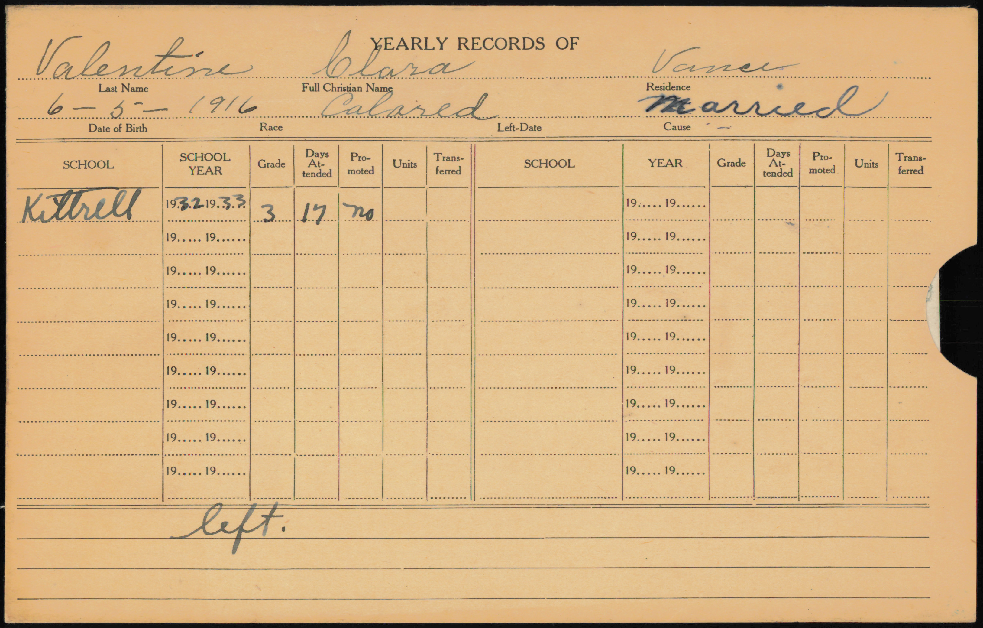 Students of Vance County Yearly Record Envelopes: V