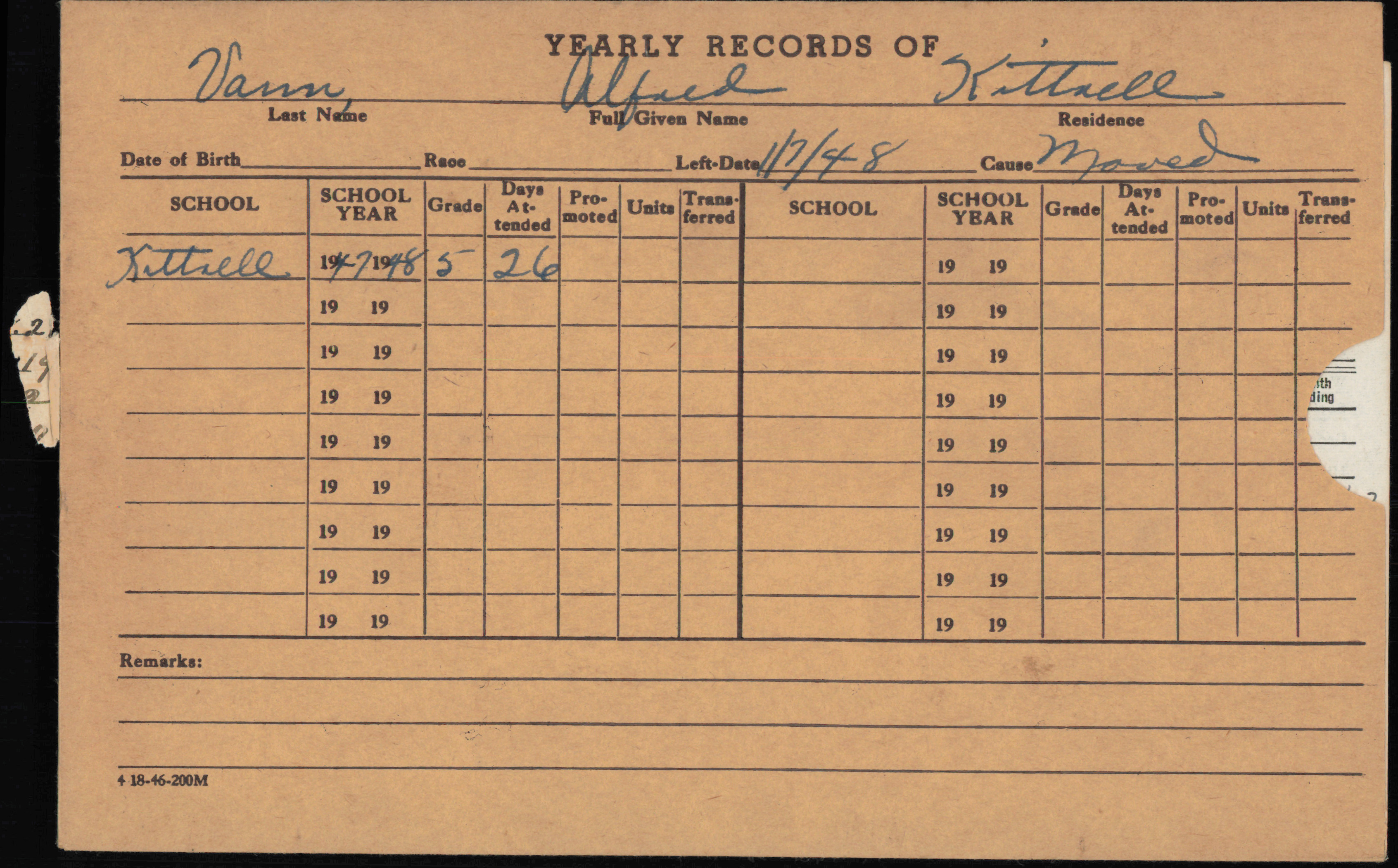 Students of Vance County Yearly Record Envelopes: V