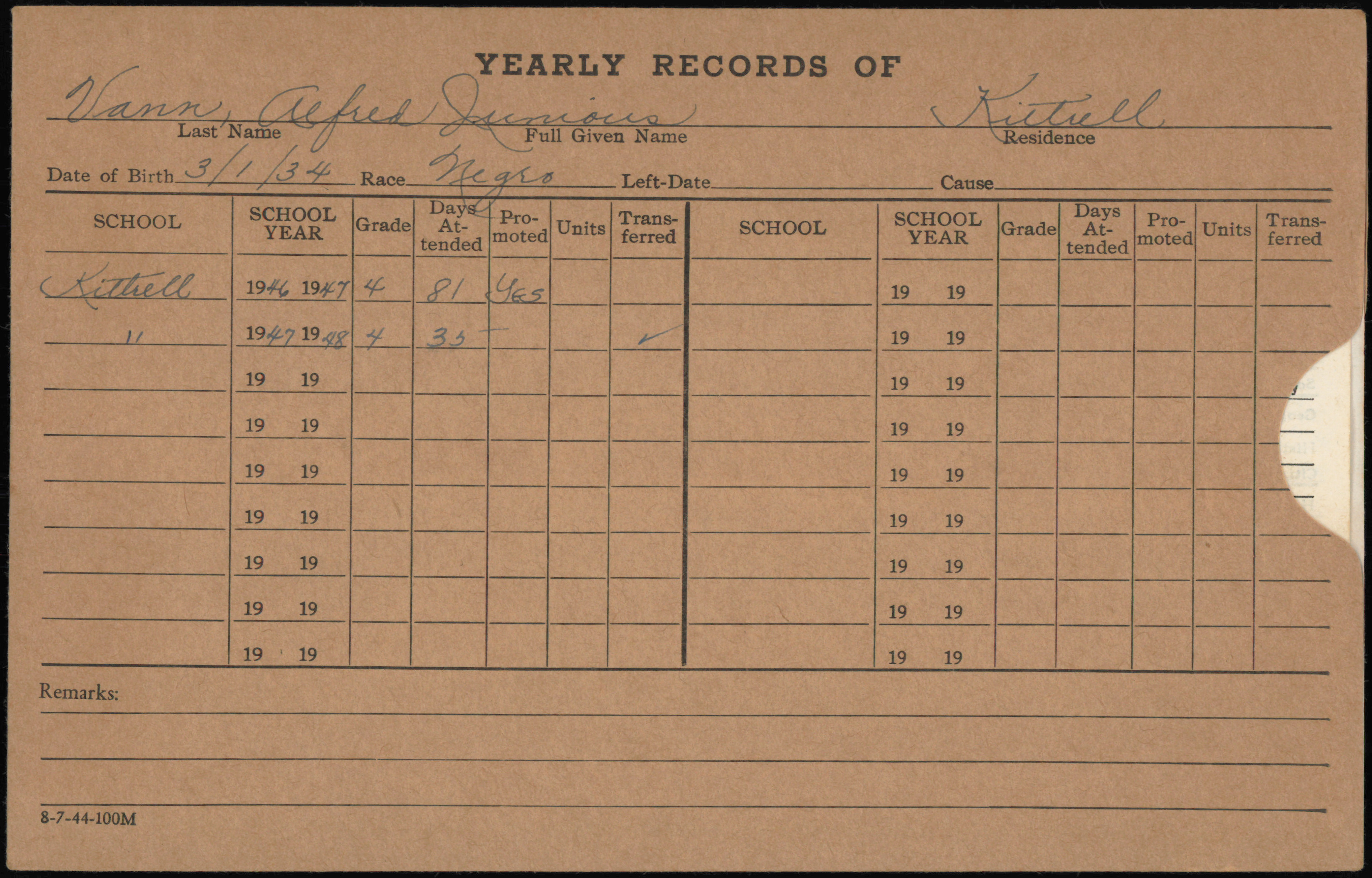 Students of Vance County Yearly Record Envelopes: V