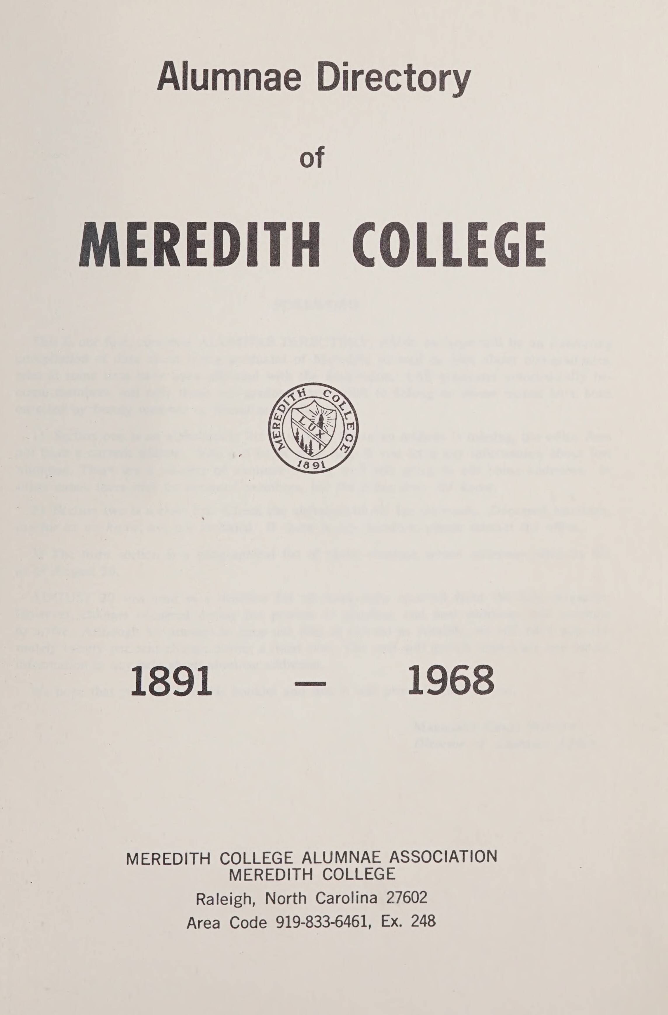Alumnae Directory of Meredith College 1891-1968