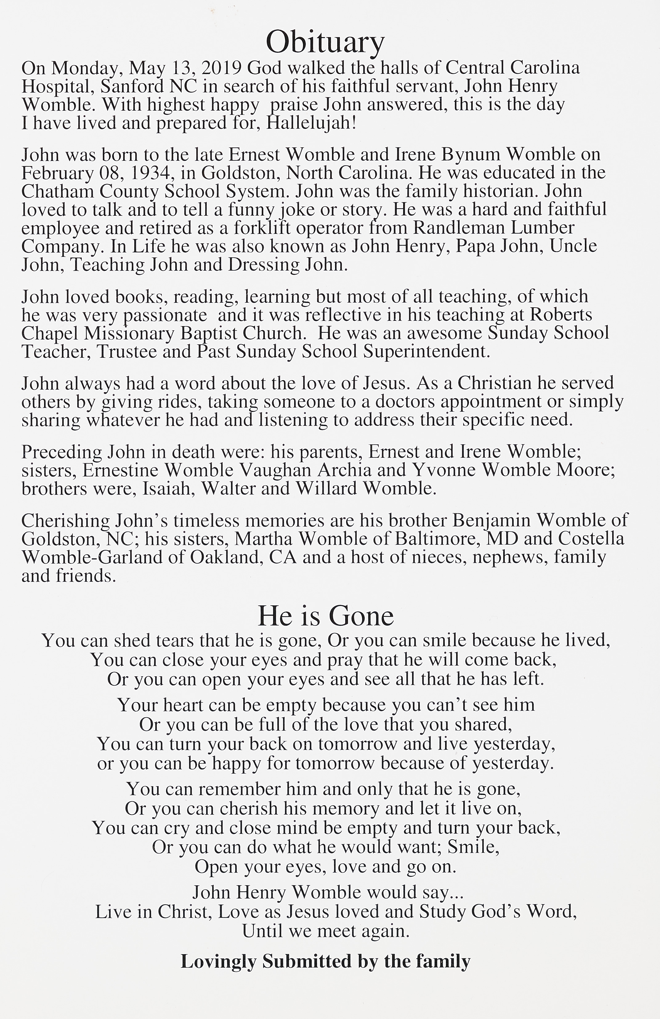 Homegoing Celebration for John Henry Womble