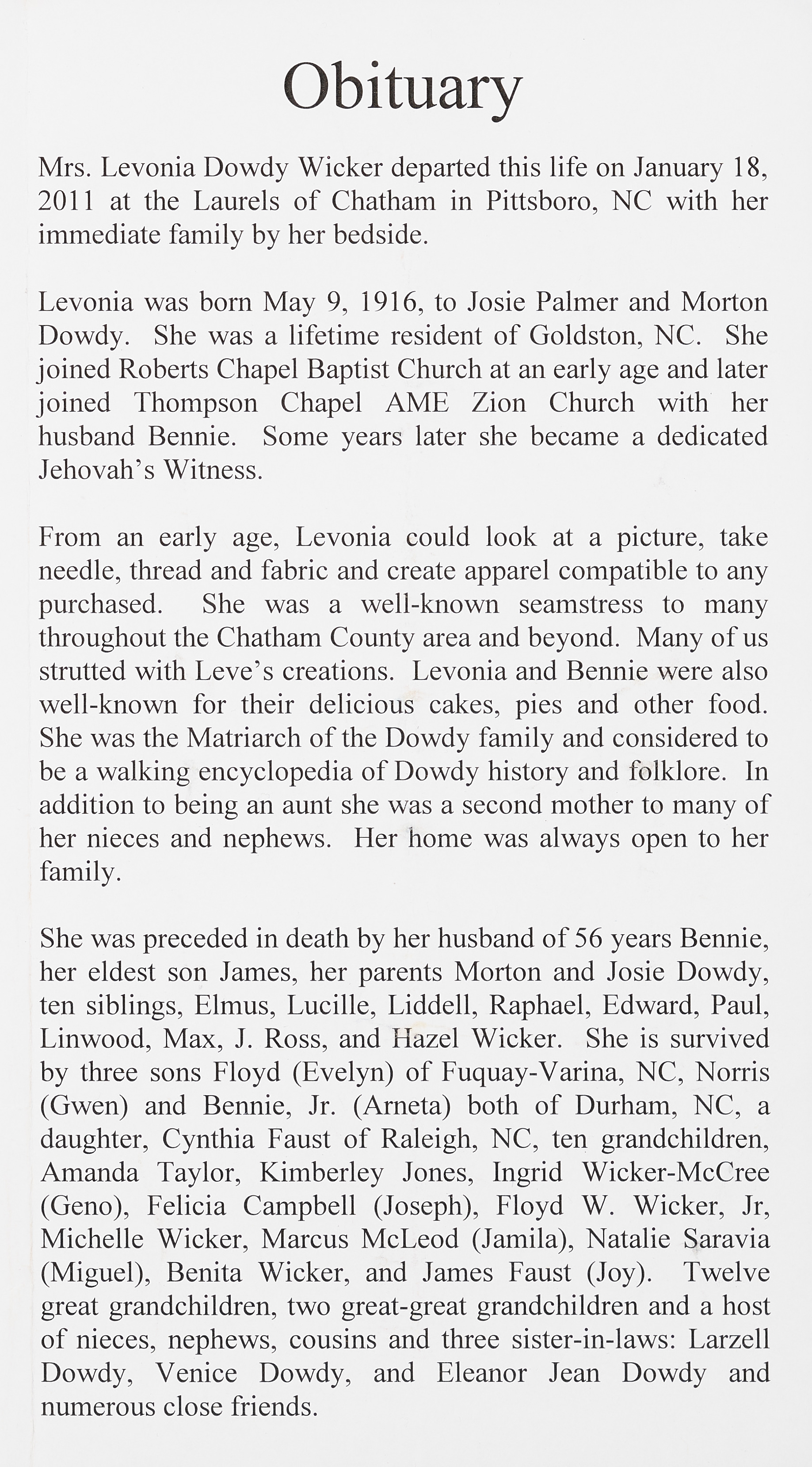 In Loving Memory of Mrs. Levonia Dowdy Wicker