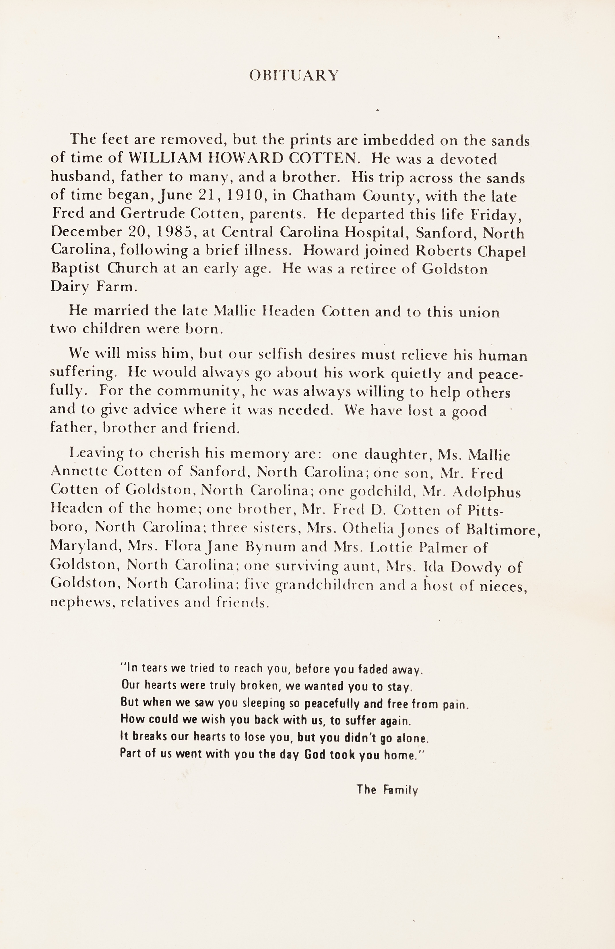 Going Home service for Mr. William Howard Cotten