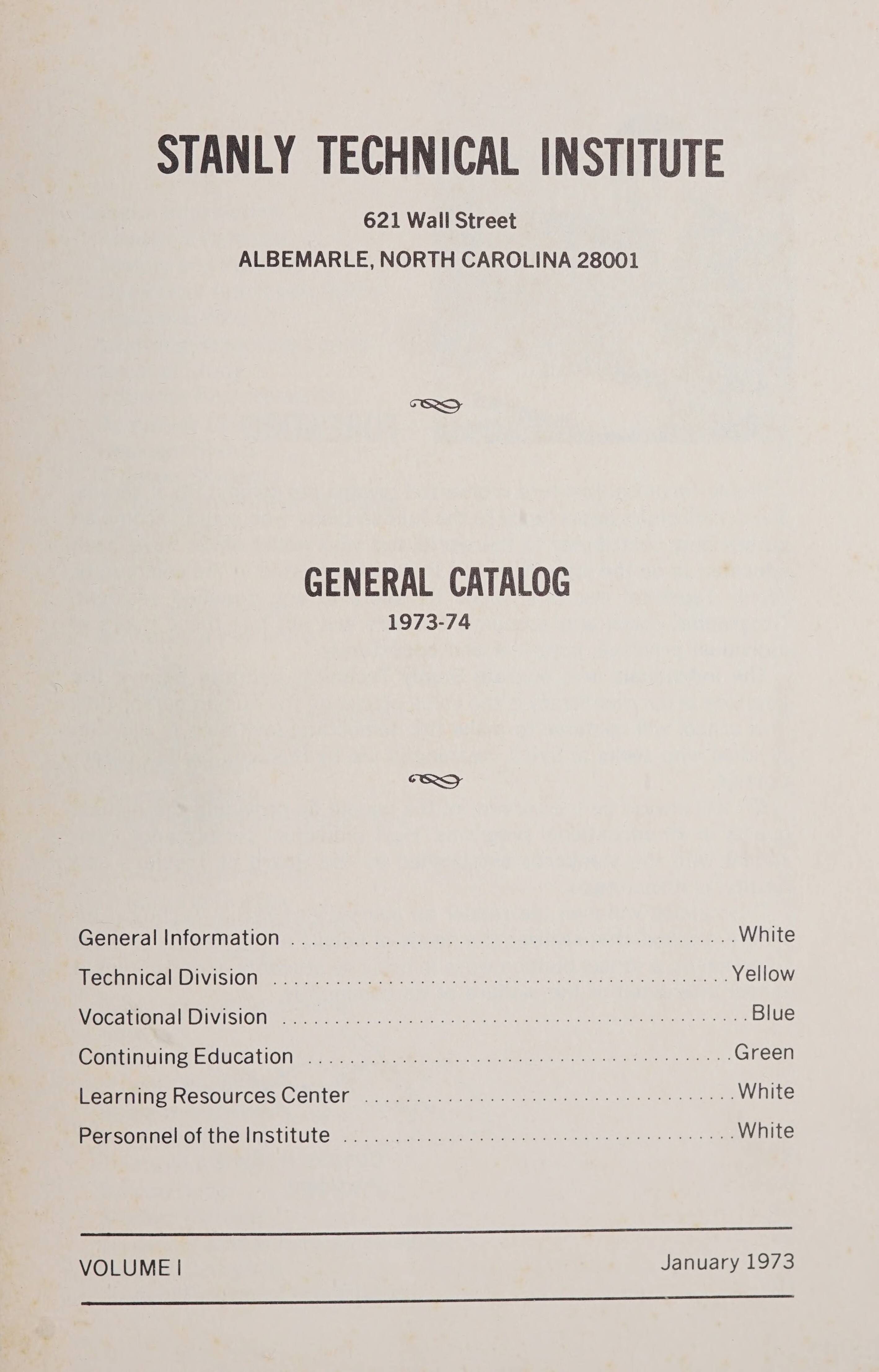 Stanly Technical Institute Catalog [1973-1974]