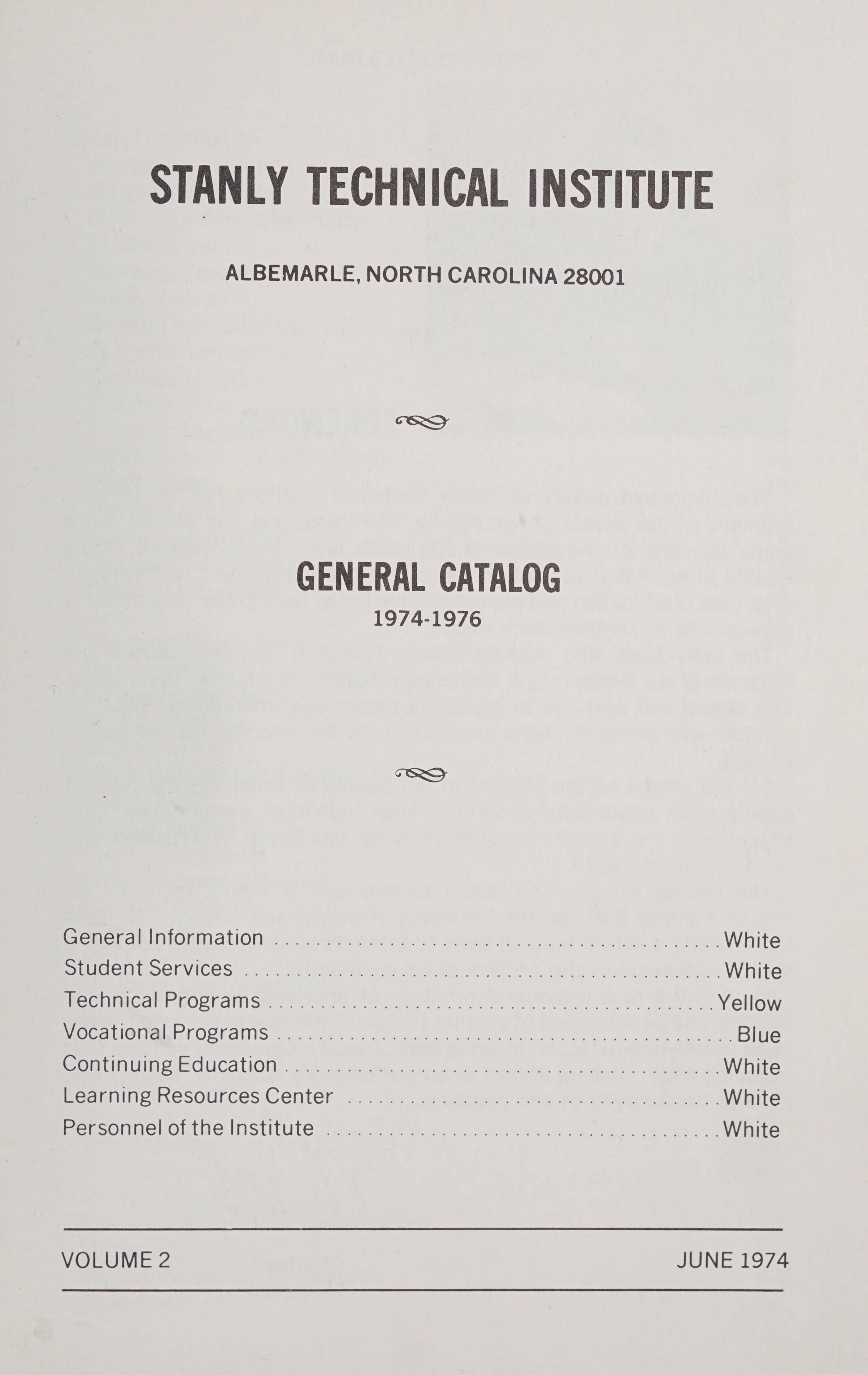 Stanly Technical Institute Catalog [1974-1976]