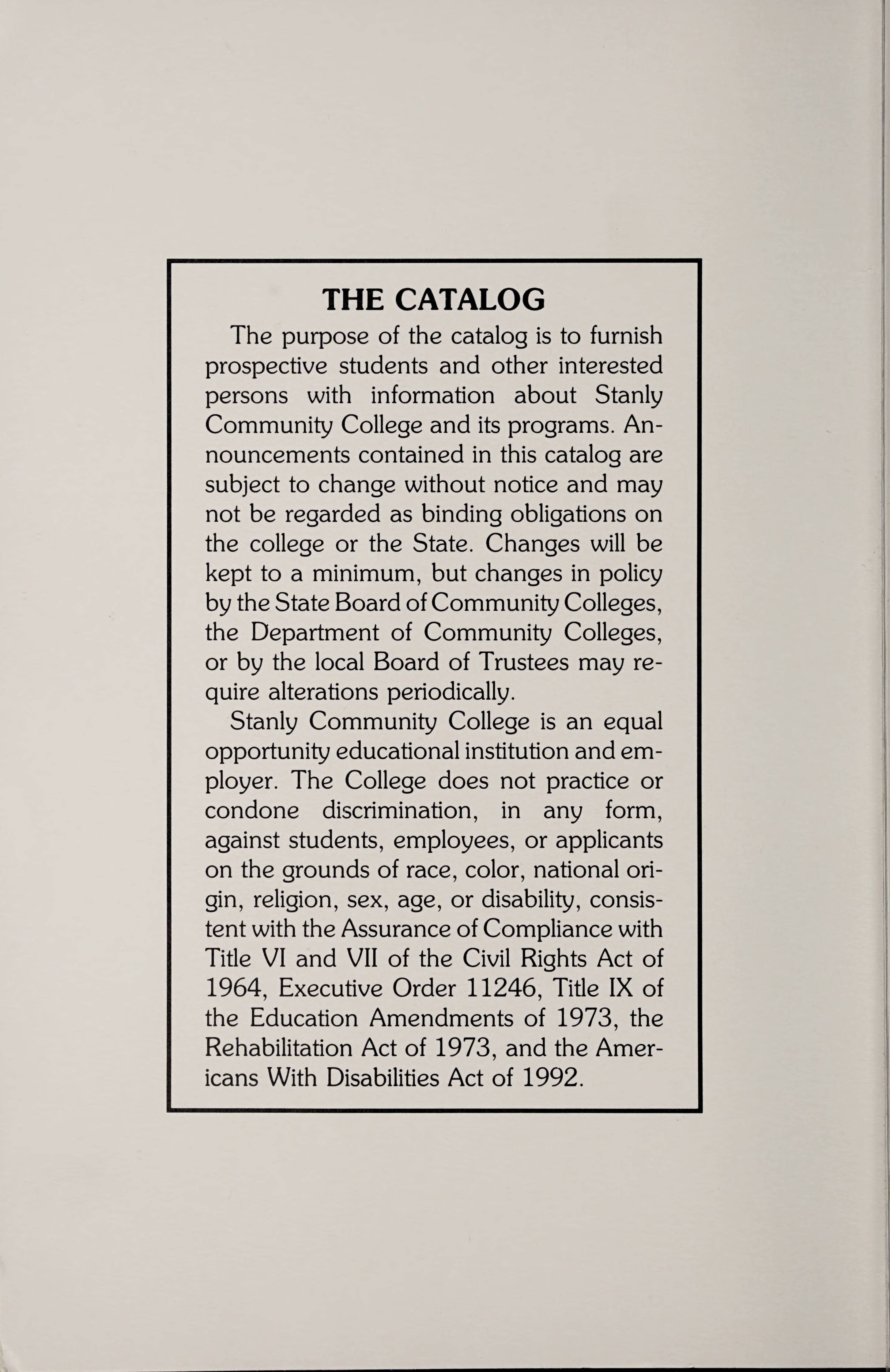 Stanly Community College Catalog [1994-1995]