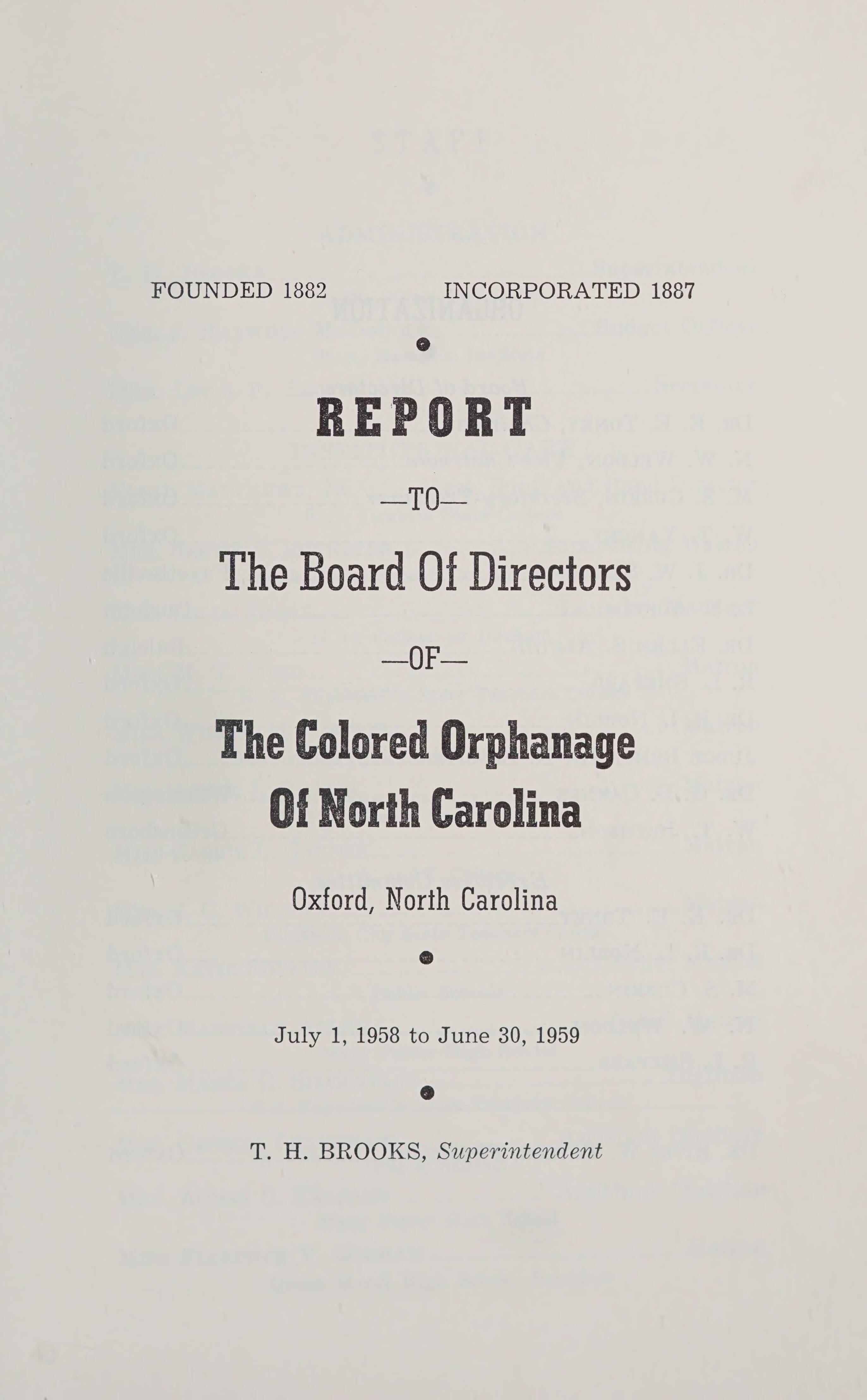 Report to The Board of Directors of The Colored Orphanage of North ...