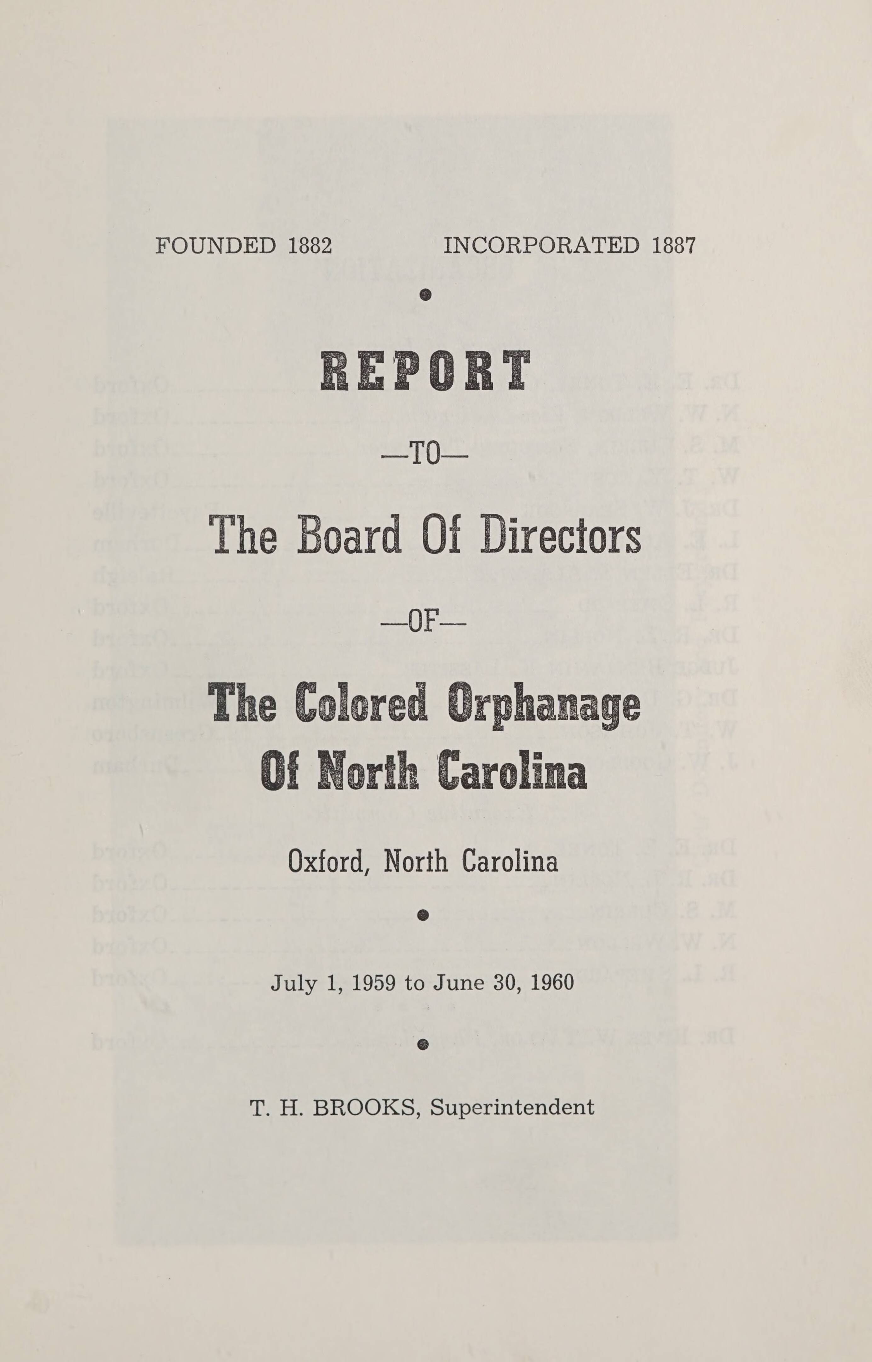 Report to The Board of Directors of The Colored Orphanage of North ...