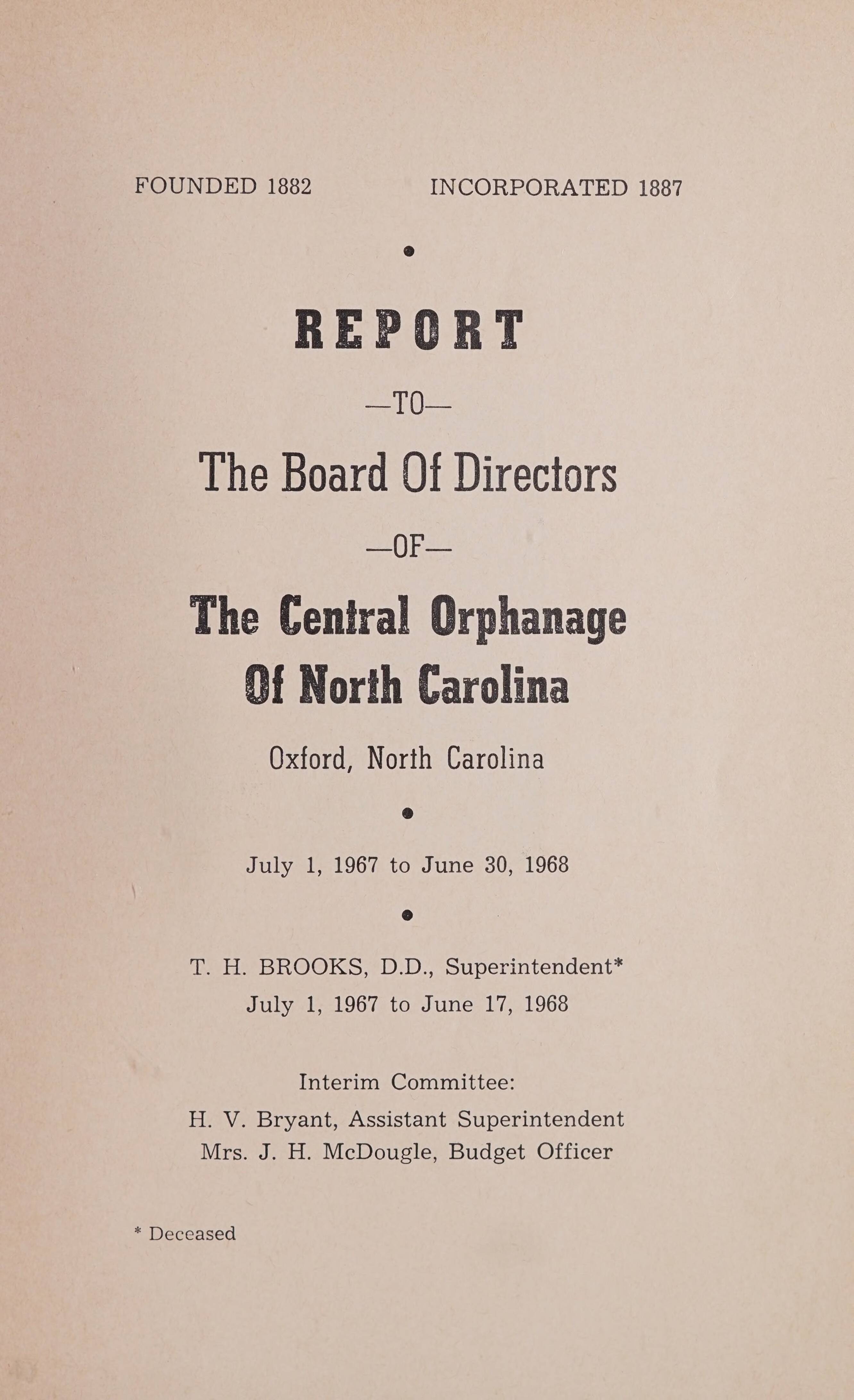 Report to The Board of Directors of The Central Orphanage of North ...