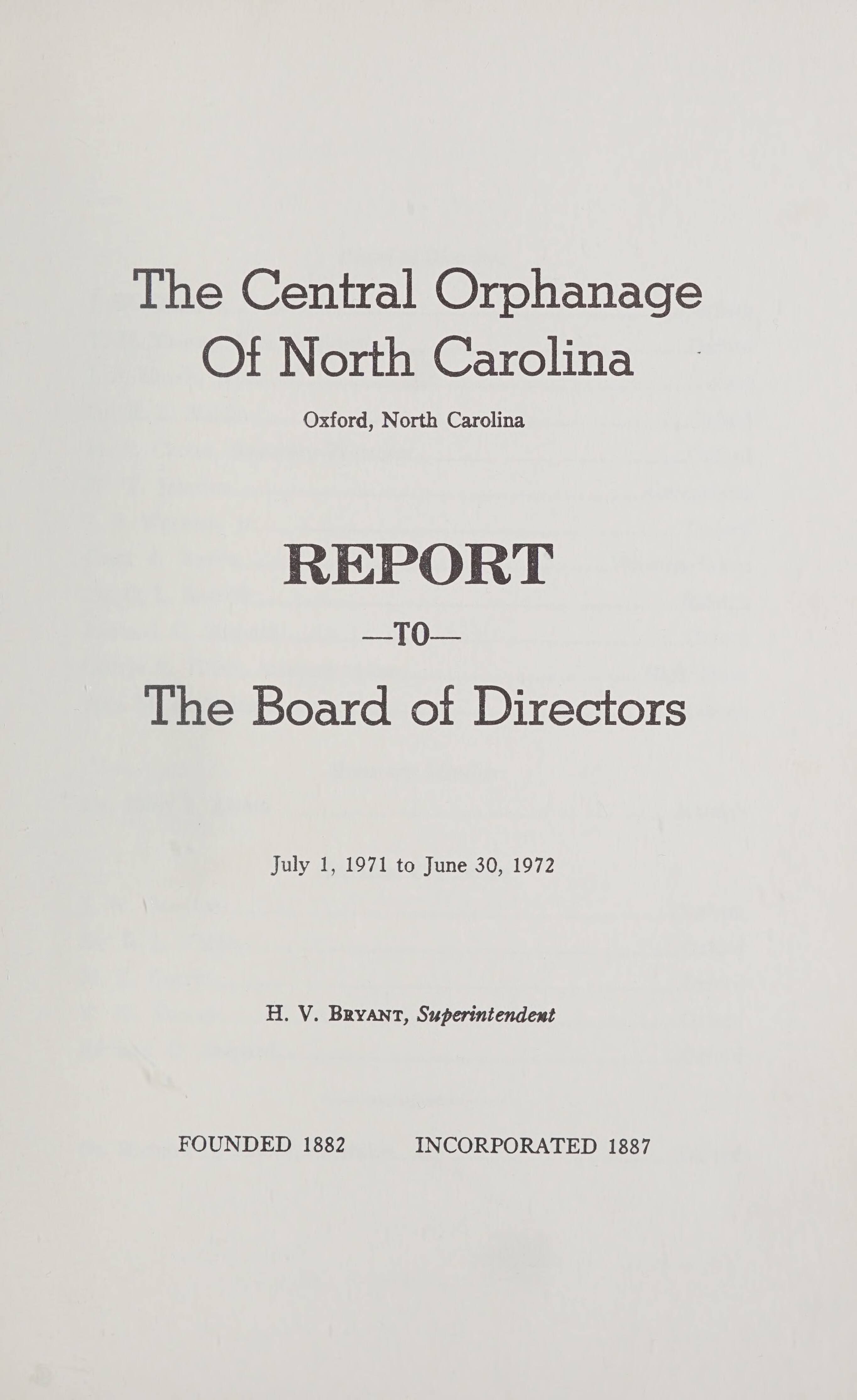 The Central Orphanage of North Carolina Report to The Board of ...